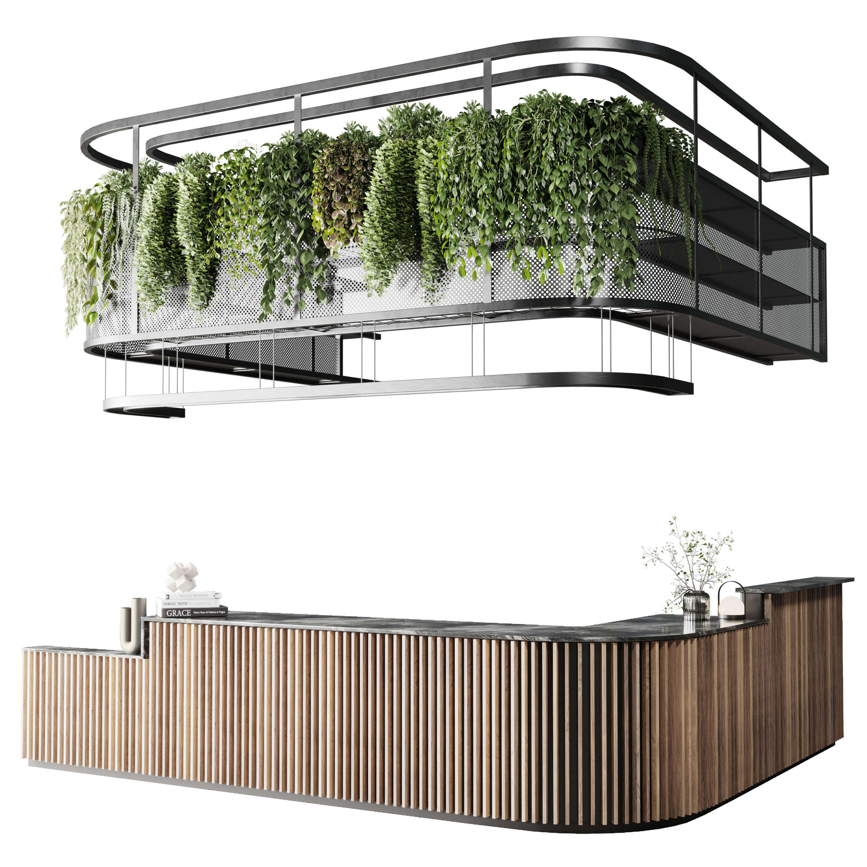 Coffee Shop Reception, Restaurant Counter by Hanging Plant - 3D Model ...