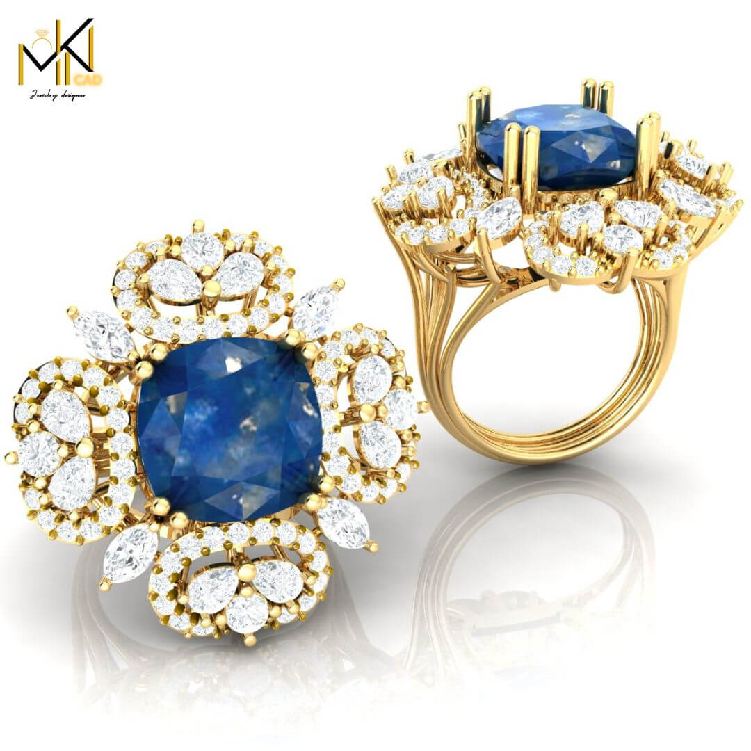 Ring With Deep Blue Color Stone Embraced by Diamonds - 3D Model by ...