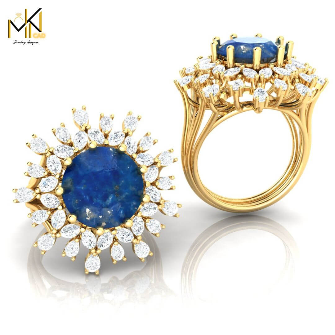 Ring With Deep Blue Color Stone Embraced by Diamonds - 3D Model by ...