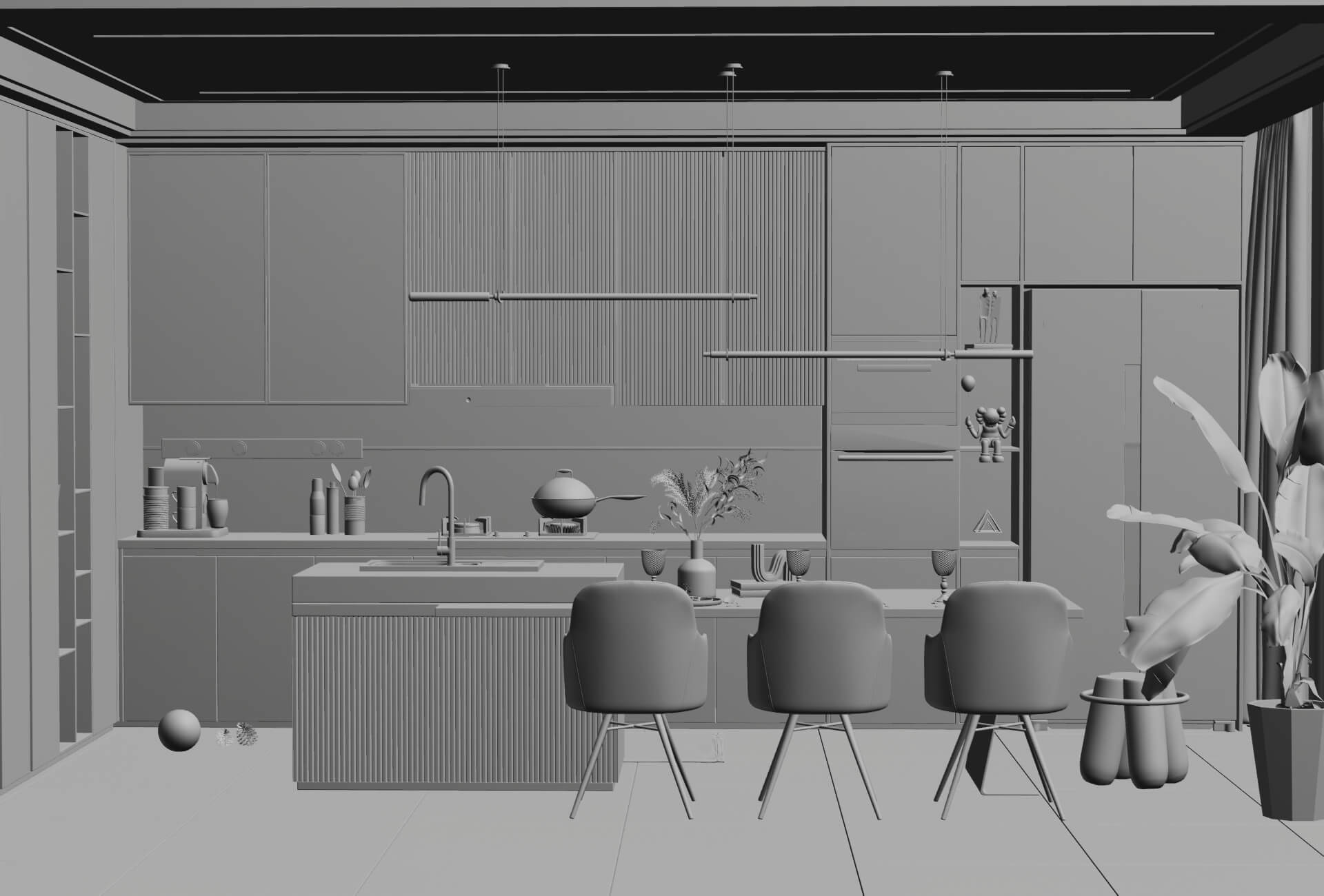 Modern Living Room Kitchen in One Blender 3D by JIEXI