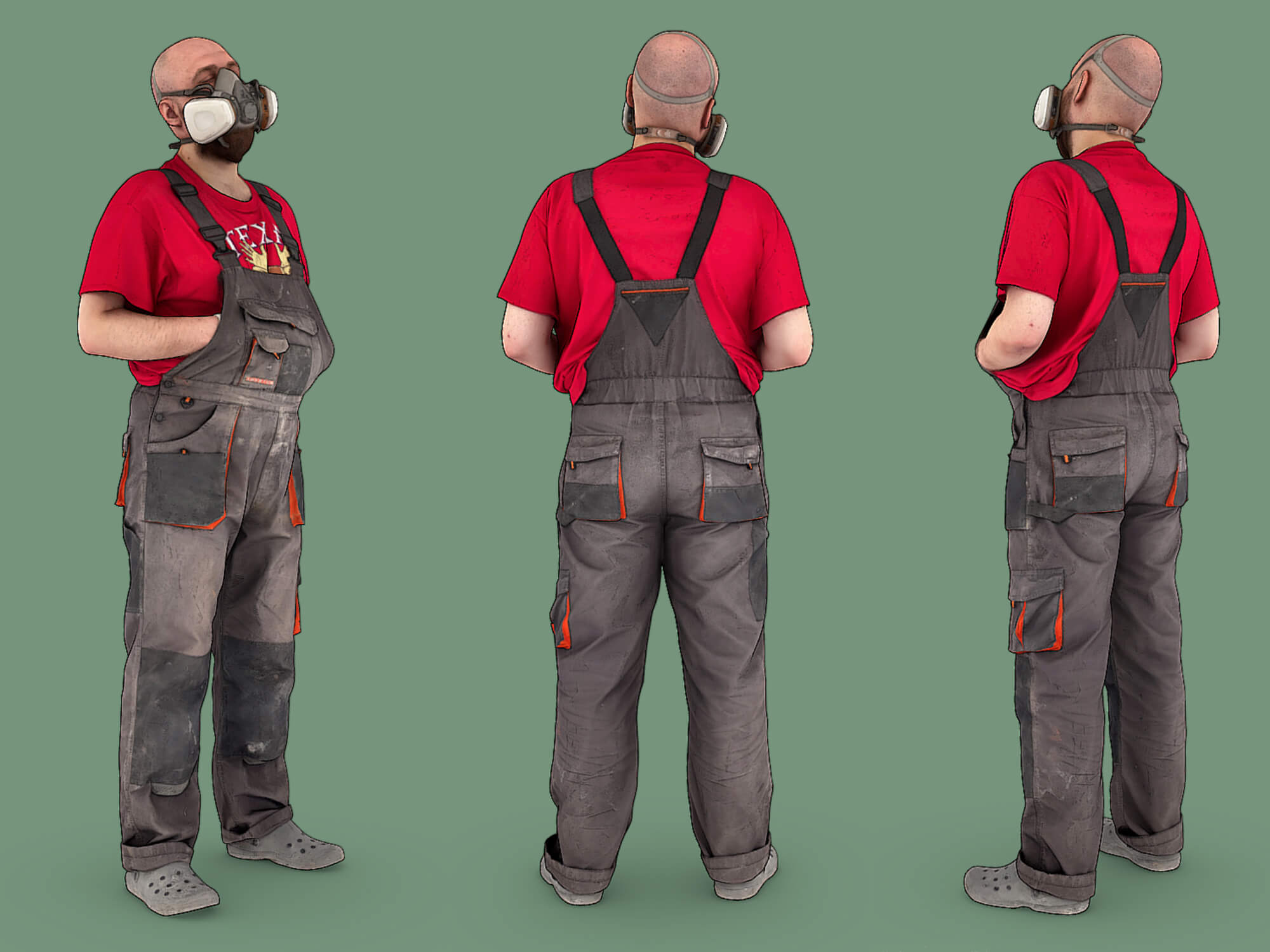 Bald Worker in Overalls and Red T-Shirt 3D Model by Kanistra Studio
