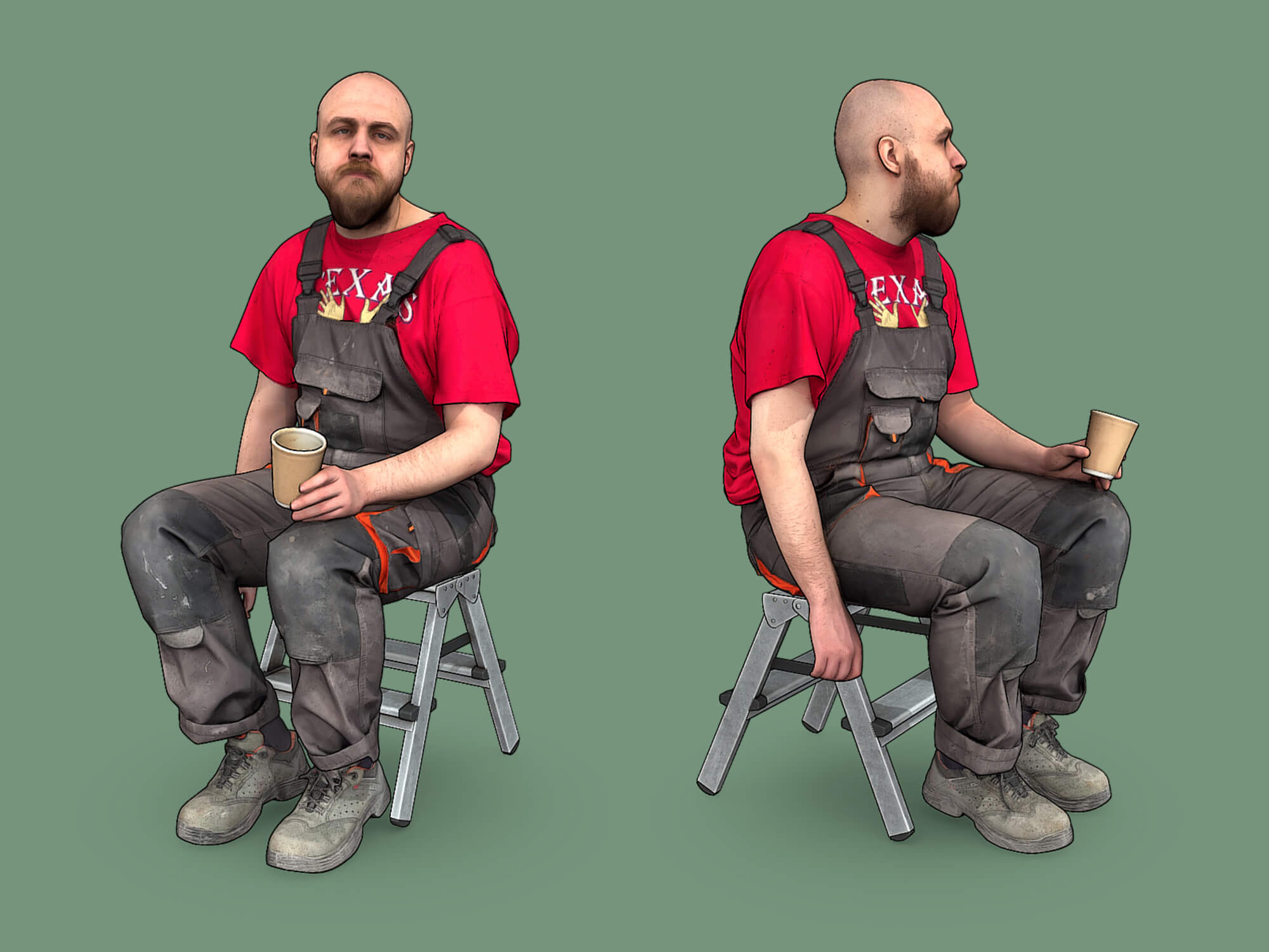 Bald Worker in Overalls and Red T-Shirt 3D Model by Kanistra Studio