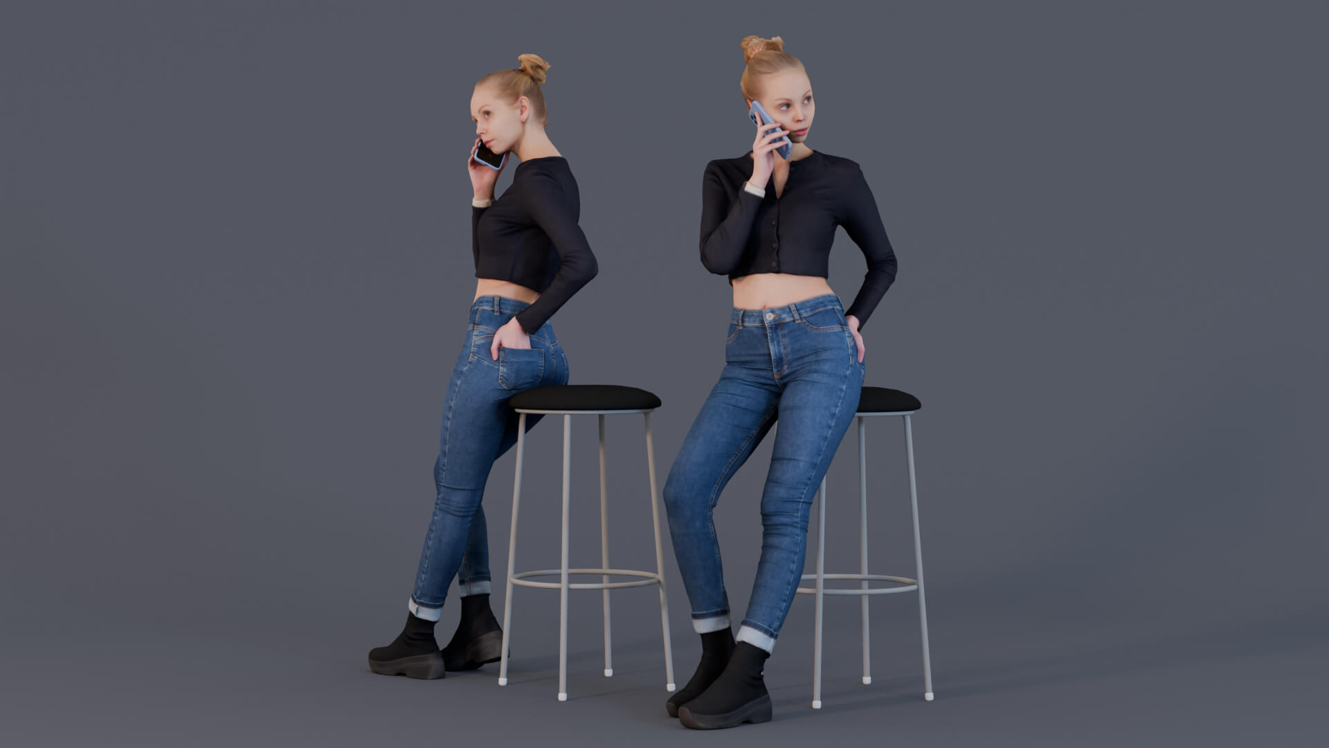 Buttoned Elegance - Chic Woman on Phone Sitting on a Bar Sto 3D Model ...