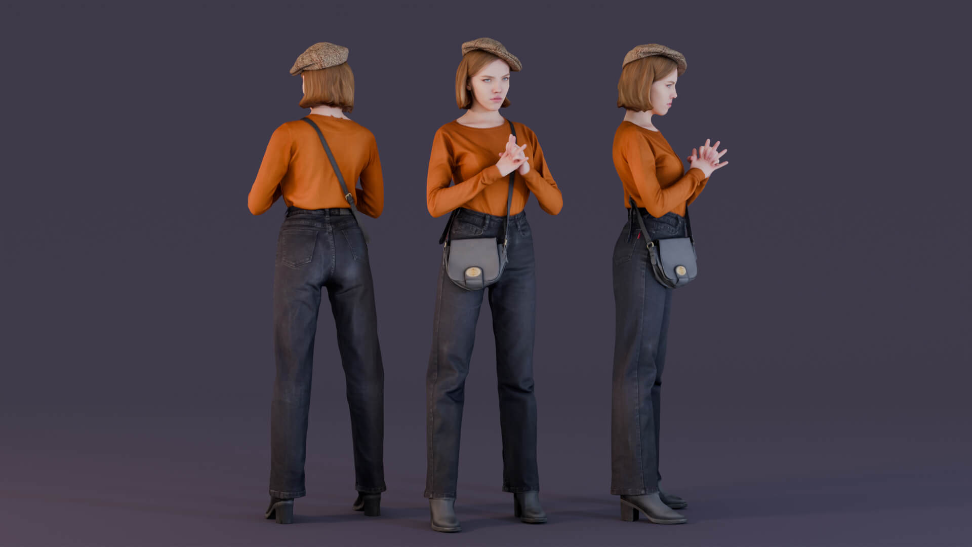 Casual Elegance Woman in Orange Sweater and Plaid Cap - 3D Model by ...