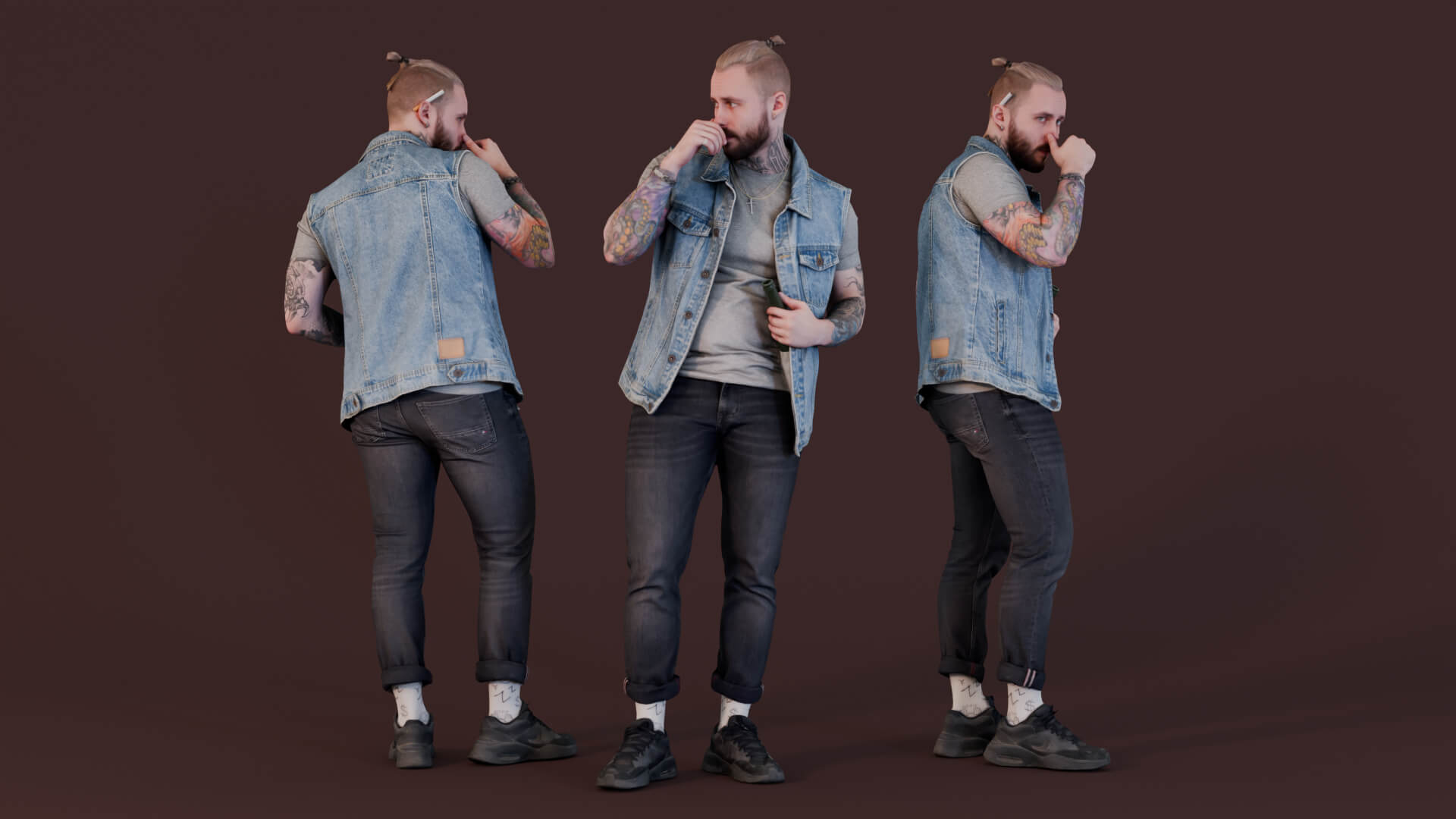 Rebel Vibes - Man in Denim Vest With Tattoos 3D Model by Kanistra Studio