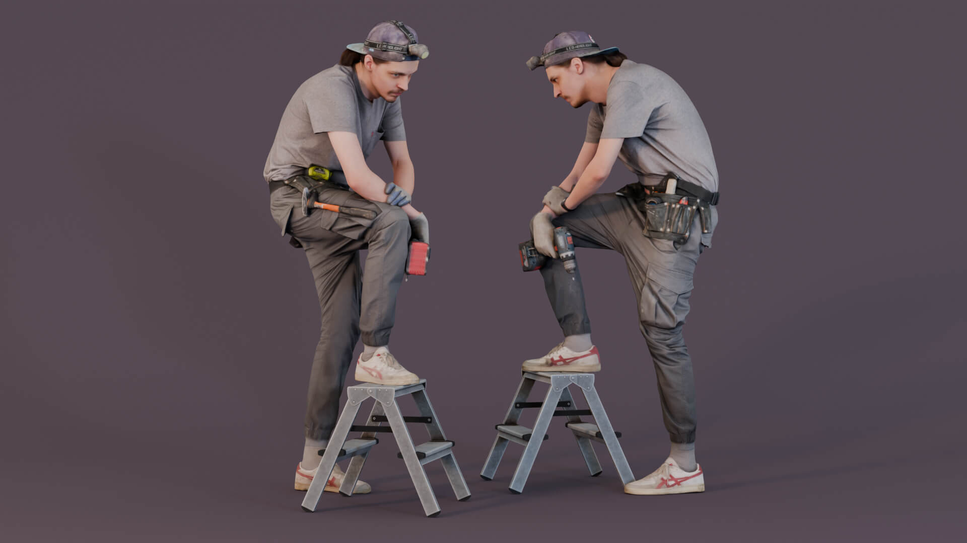 Worker in Gray Stands on a Stepladder - 3D Model by Kanistra Studio