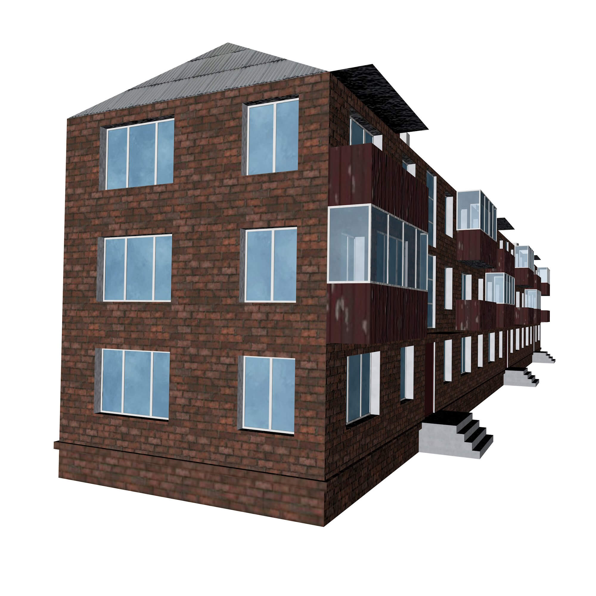 Brick 3-Story Apartment Building 3D Model by katherina