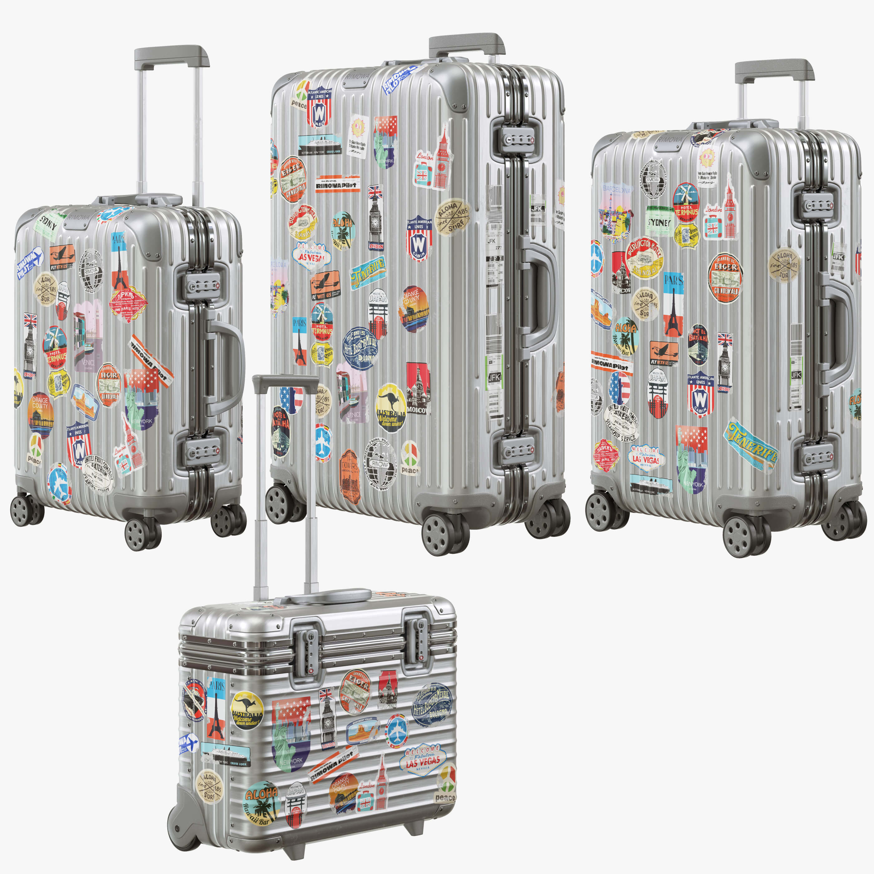 Rimowa Aluminum Luggage With Stickers PBR 4K - 3D Model by Katmit