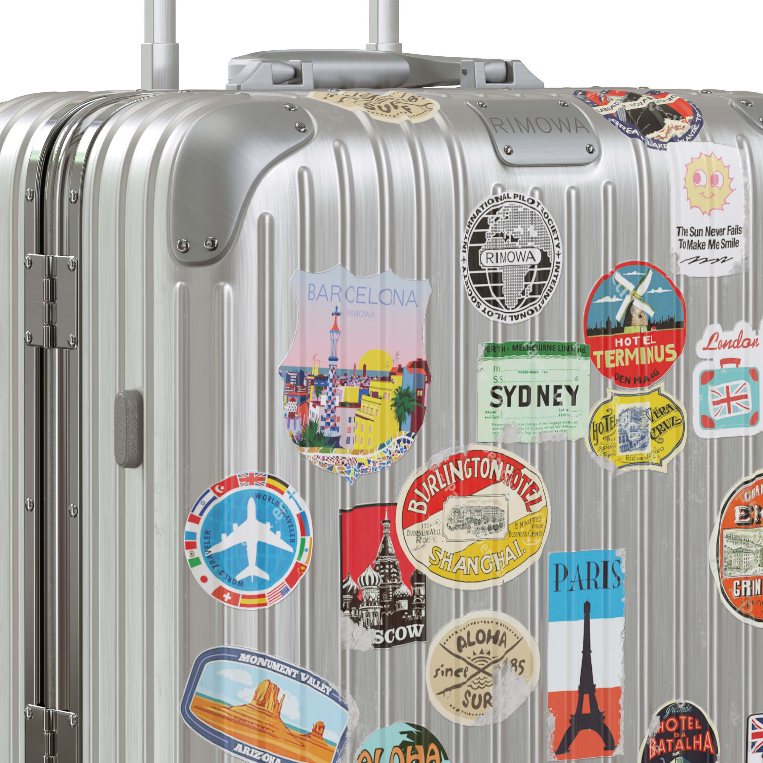 Rimowa Aluminum Luggage With Stickers PBR 4K - 3D Model by Katmit