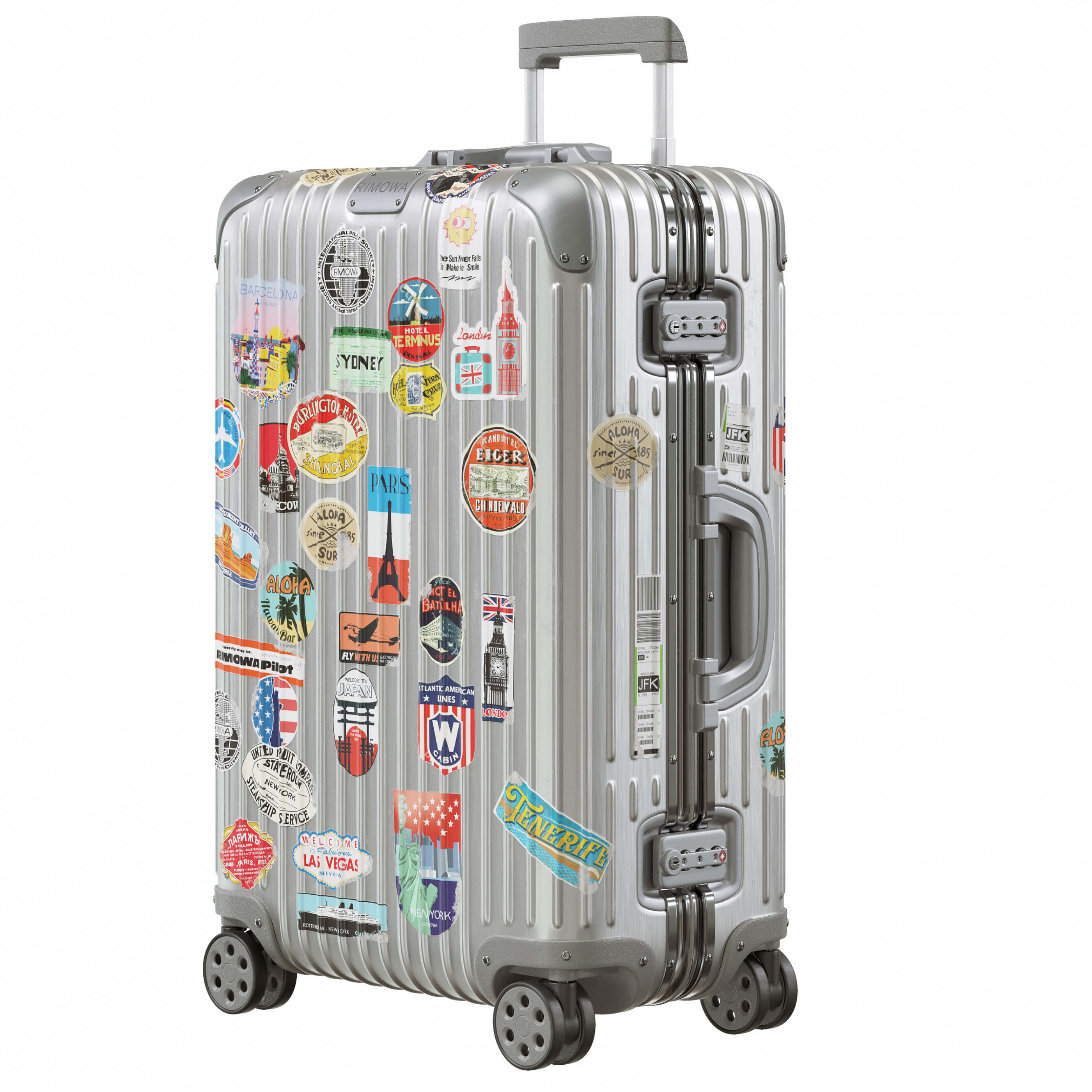 Rimowa Aluminum Luggage With Stickers PBR 4K - 3D Model by Katmit
