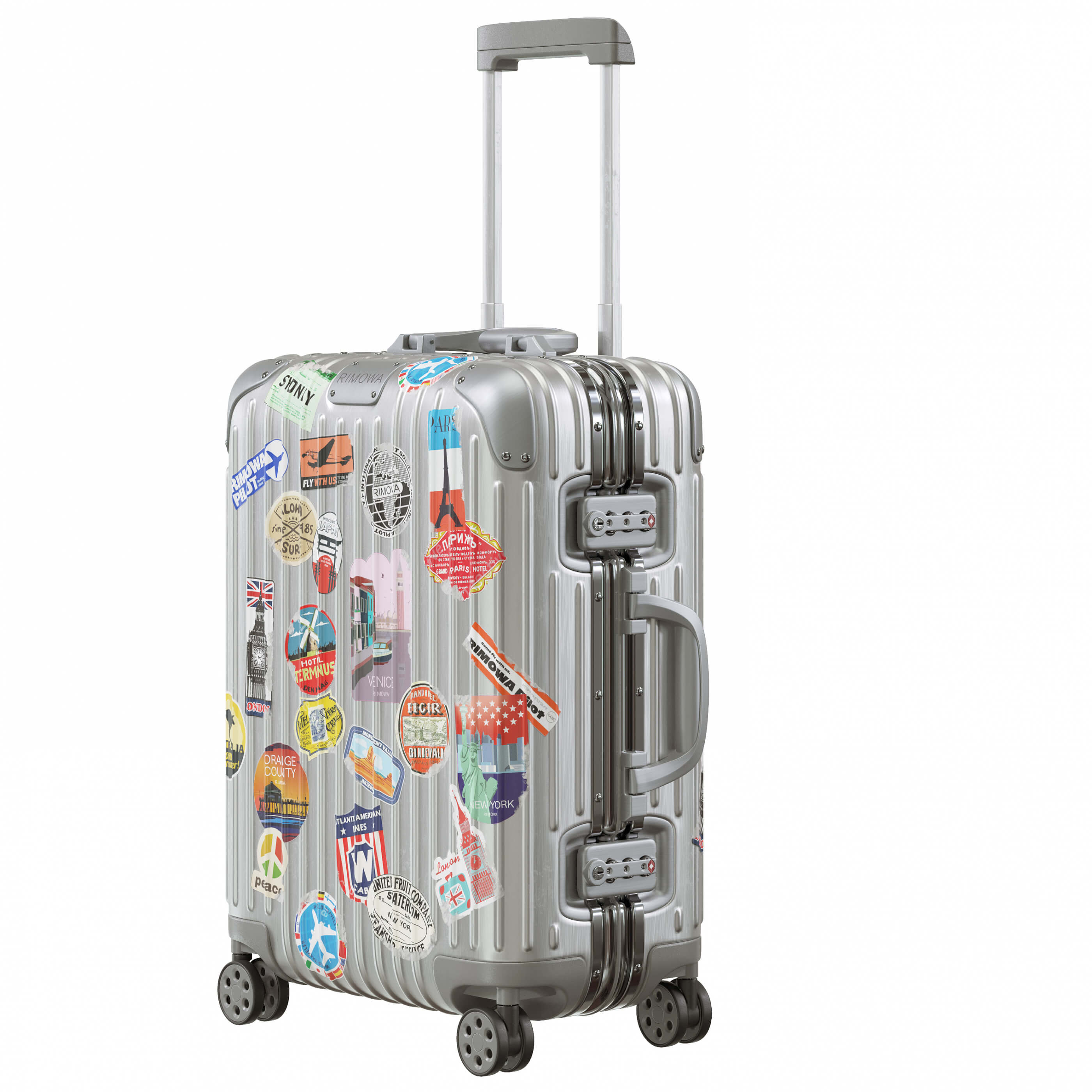 Rimowa Aluminum Luggage With Stickers PBR 4K - 3D Model by Katmit