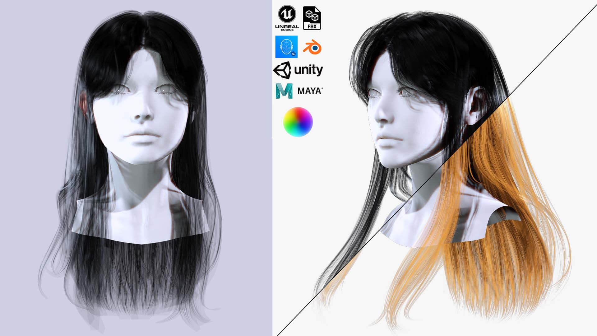 Female Hair - Classic Long Hair Cards 3D Model by khaloui