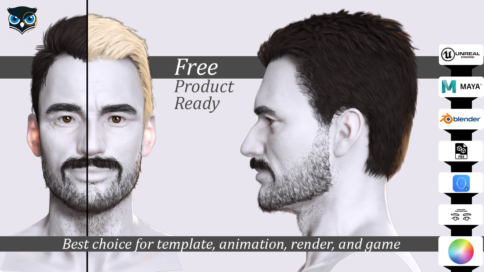 Realistic 3D Male Hair Beard Mustache Game CGI Ready by khaloui