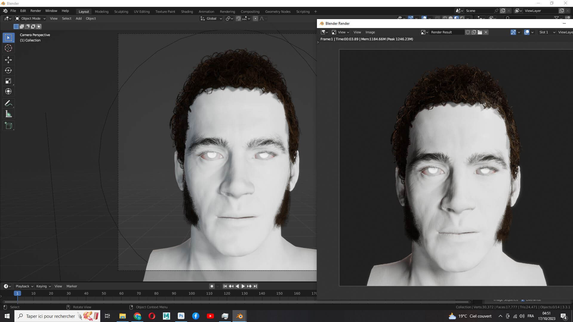 Realistic Curly Man Hair - Sideburns Beard 3D Model by khaloui