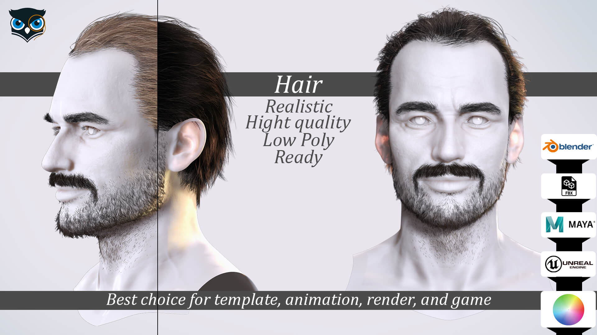 Realistic Male Hairstyle and Beard - Game Ready 3D Model by khaloui