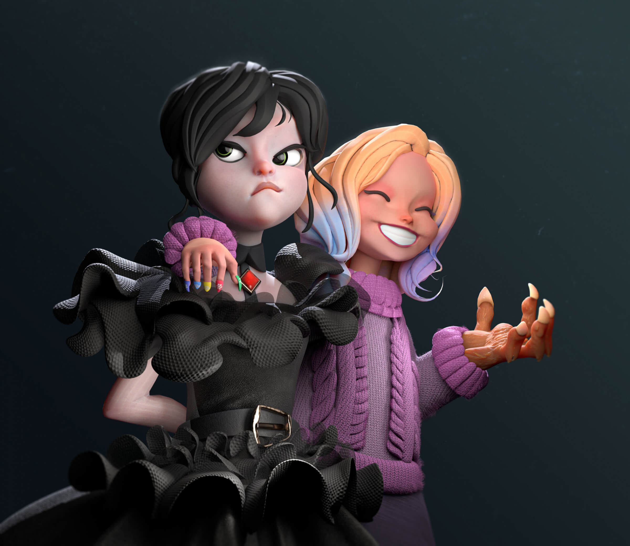 Wednesday and Enid Stylized Fanart 3D Render by Khatri3d