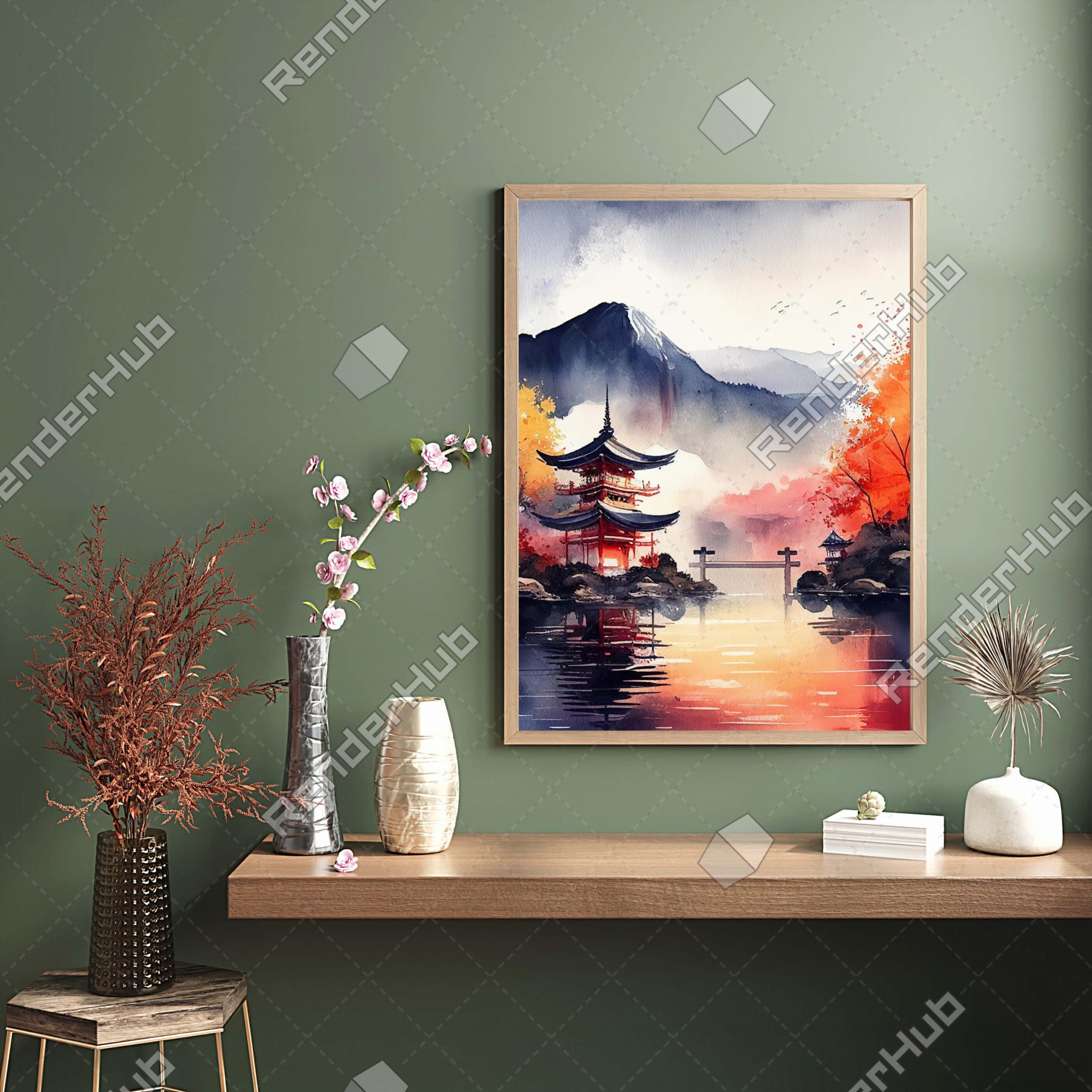Landscape Pagoda Printable Art, Asian Art, Japan Art Prints - Stock ...