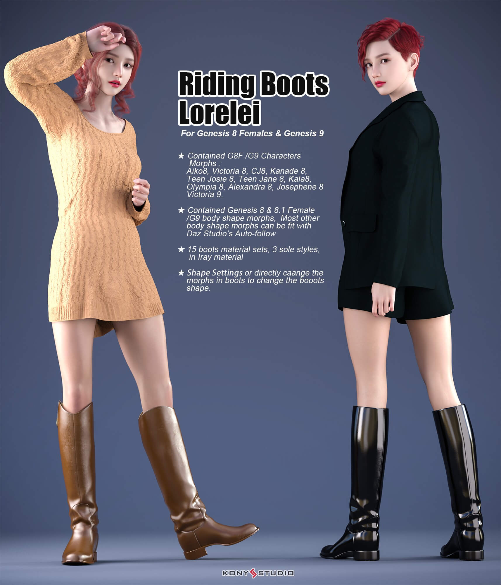Riding Boots Lorelei for G8F/G9 - Daz Content by Kony Studio