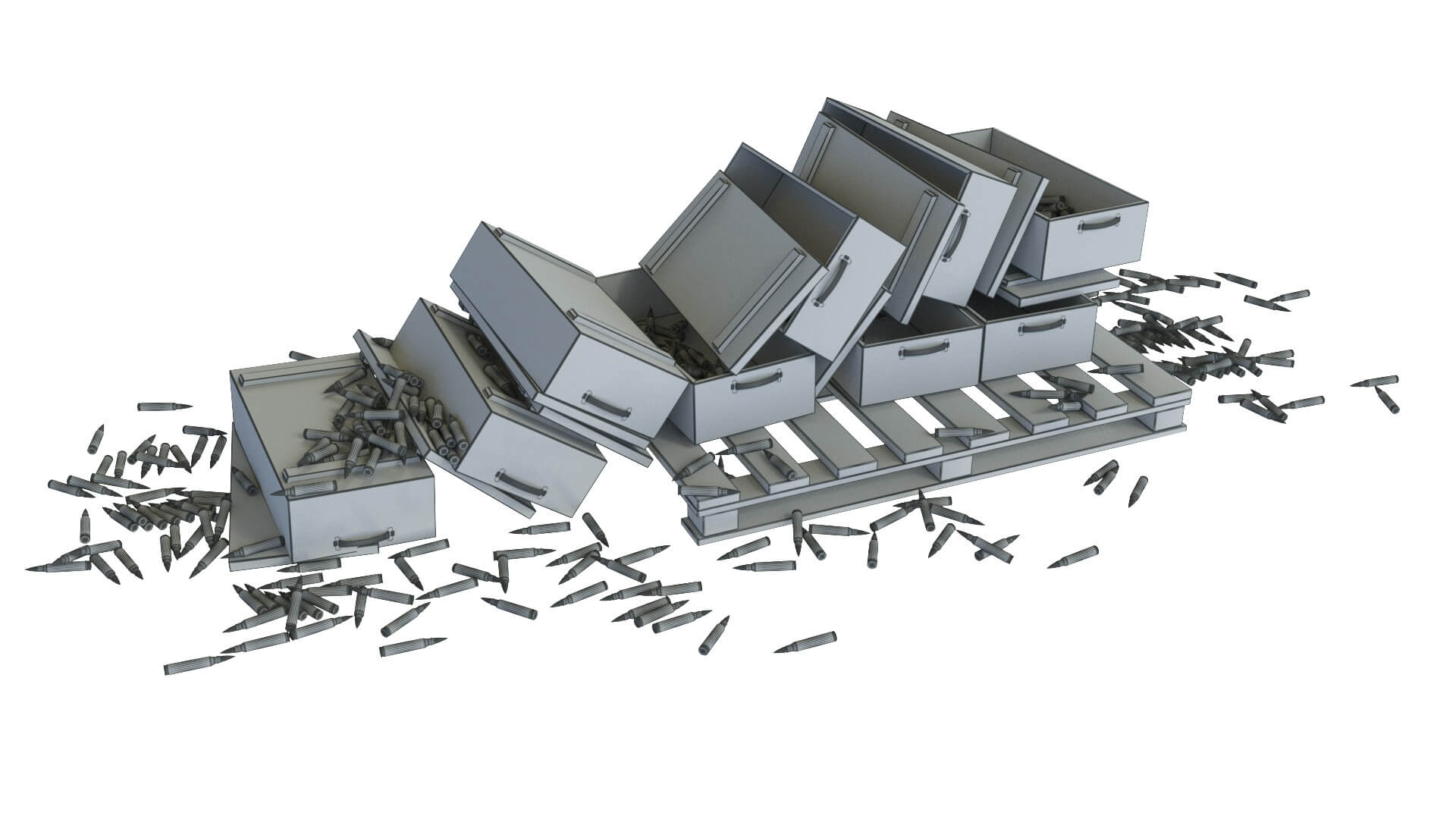 Ammunition Wood Boxes Palet With Bullets on the Floor - 3D Model by kopofx
