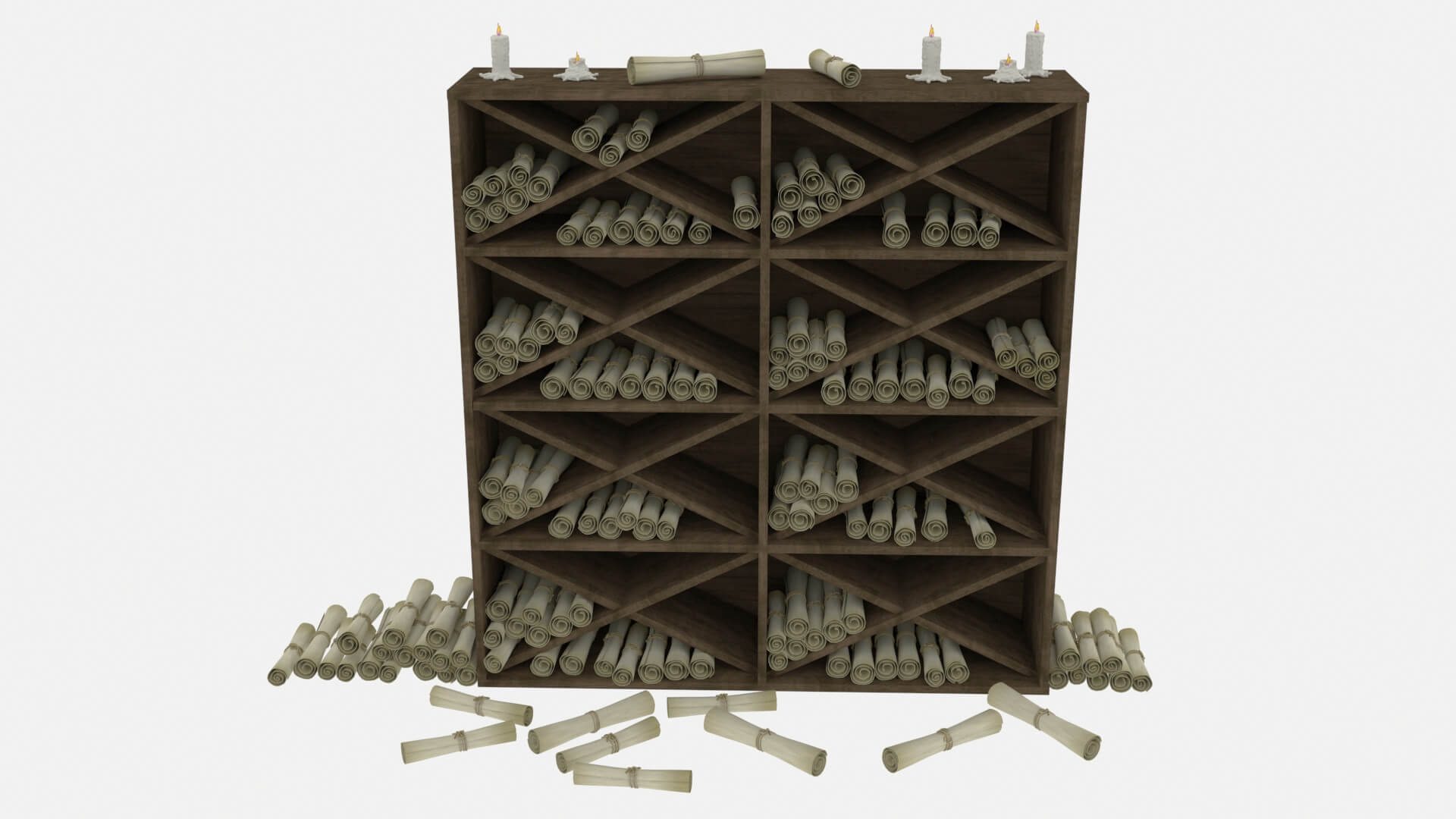Old Wood Shelf With Scrolls and Candles - 3D Model by kopofx