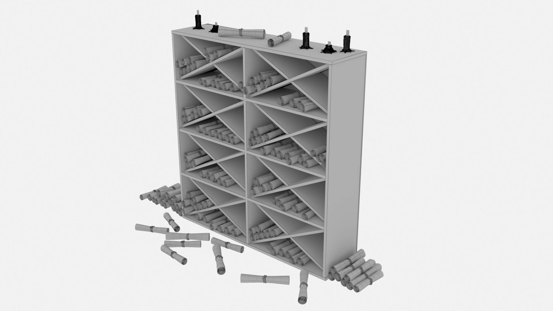Old Wood Shelf With Scrolls and Candles - 3D Model by kopofx