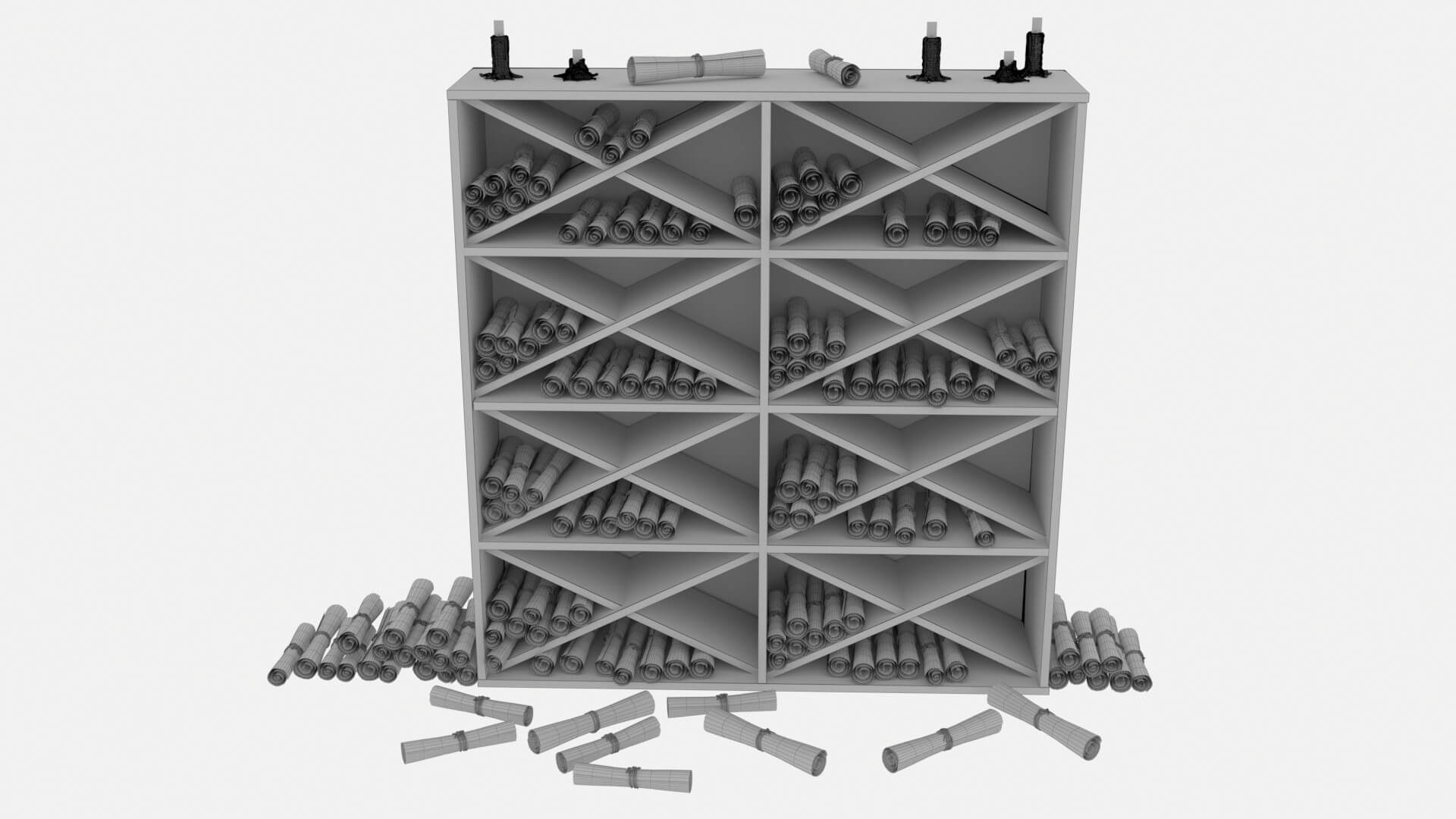 Old Wood Shelf With Scrolls and Candles - 3D Model by kopofx