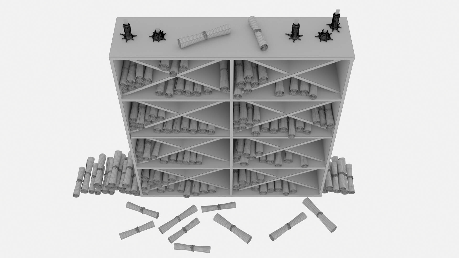 Old Wood Shelf With Scrolls and Candles - 3D Model by kopofx