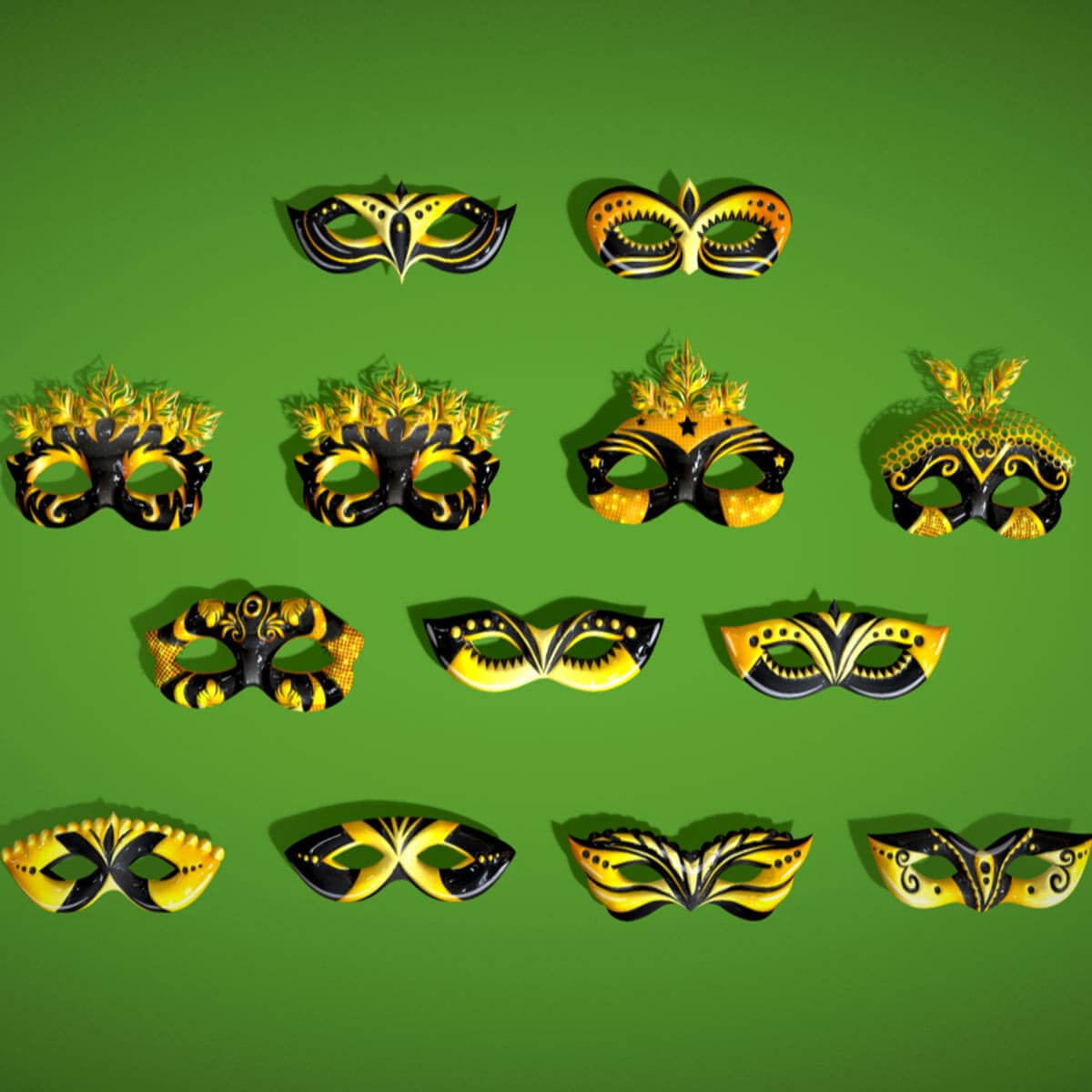 13 Golden Black Metal Mask Pack - Stylized Party Masks 3D Render