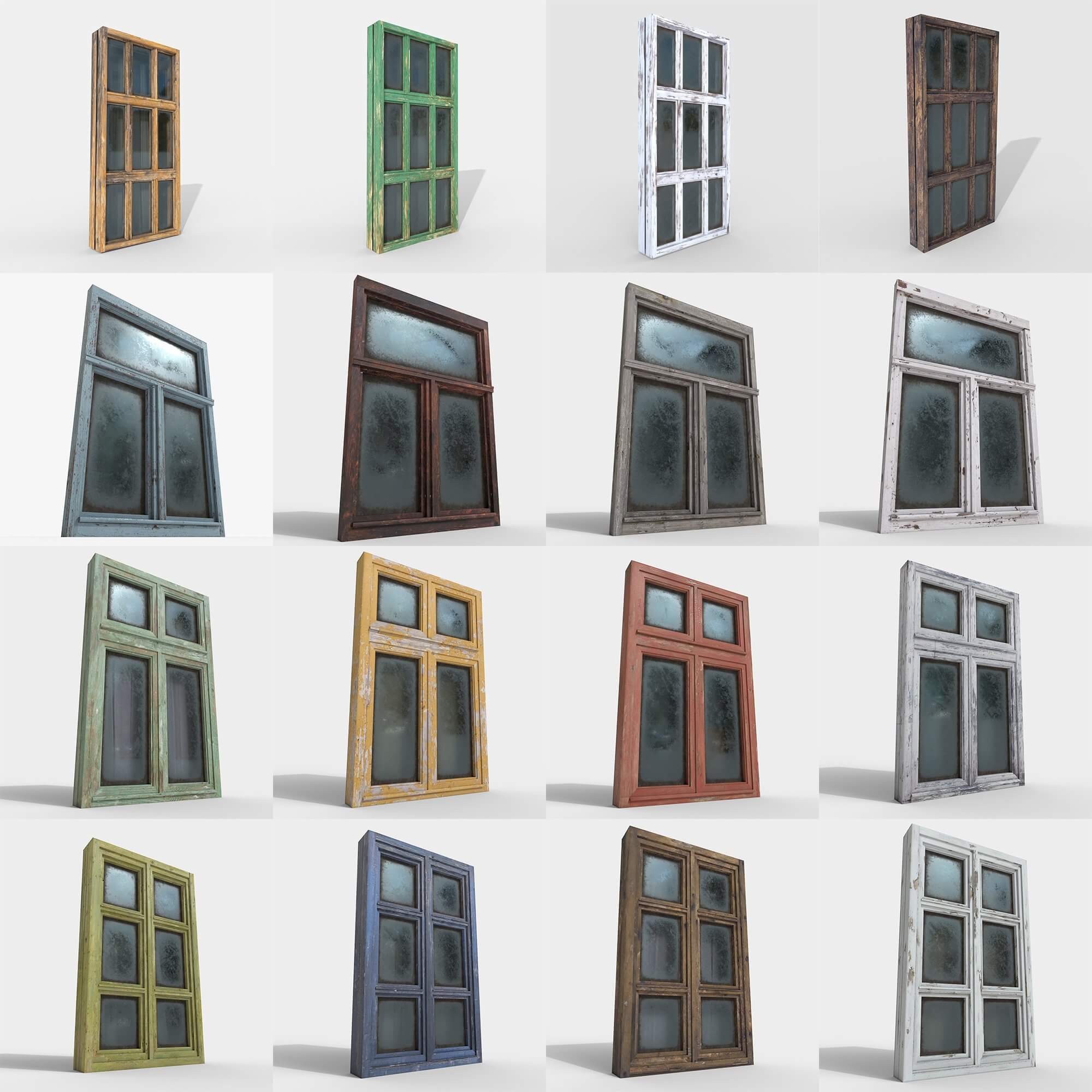 Pack of 4 Different Old Wooden Windows - 3D Model by leon017