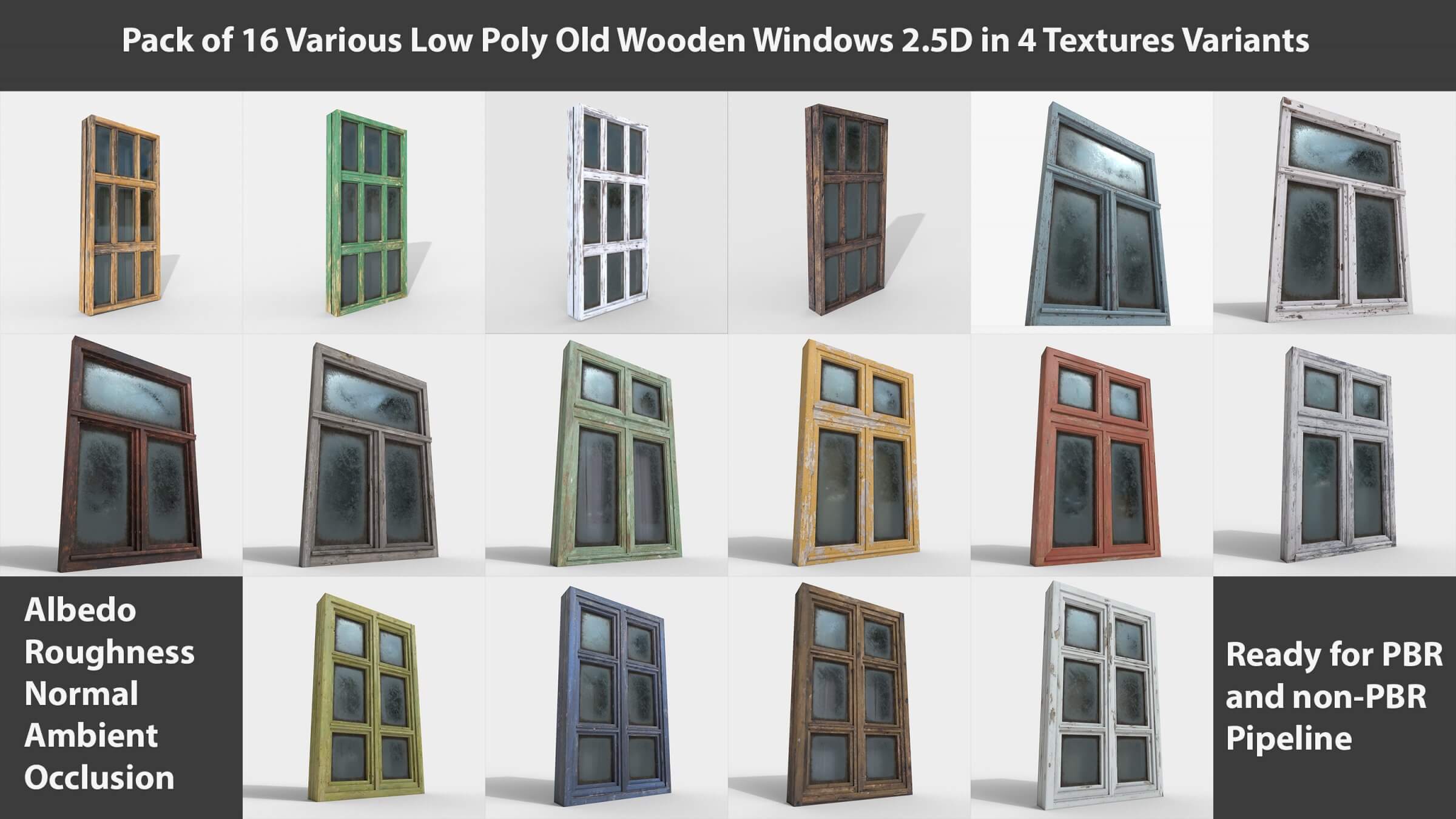 Pack of 4 Different Old Wooden Windows - 3D Model by leon017