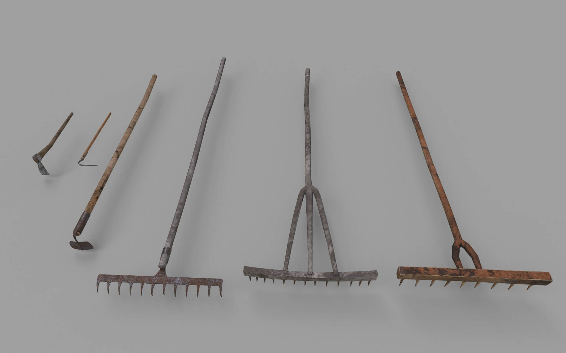 Pack of 6 Medieval Farm Rakes and Hoe - 3D Model by leon017