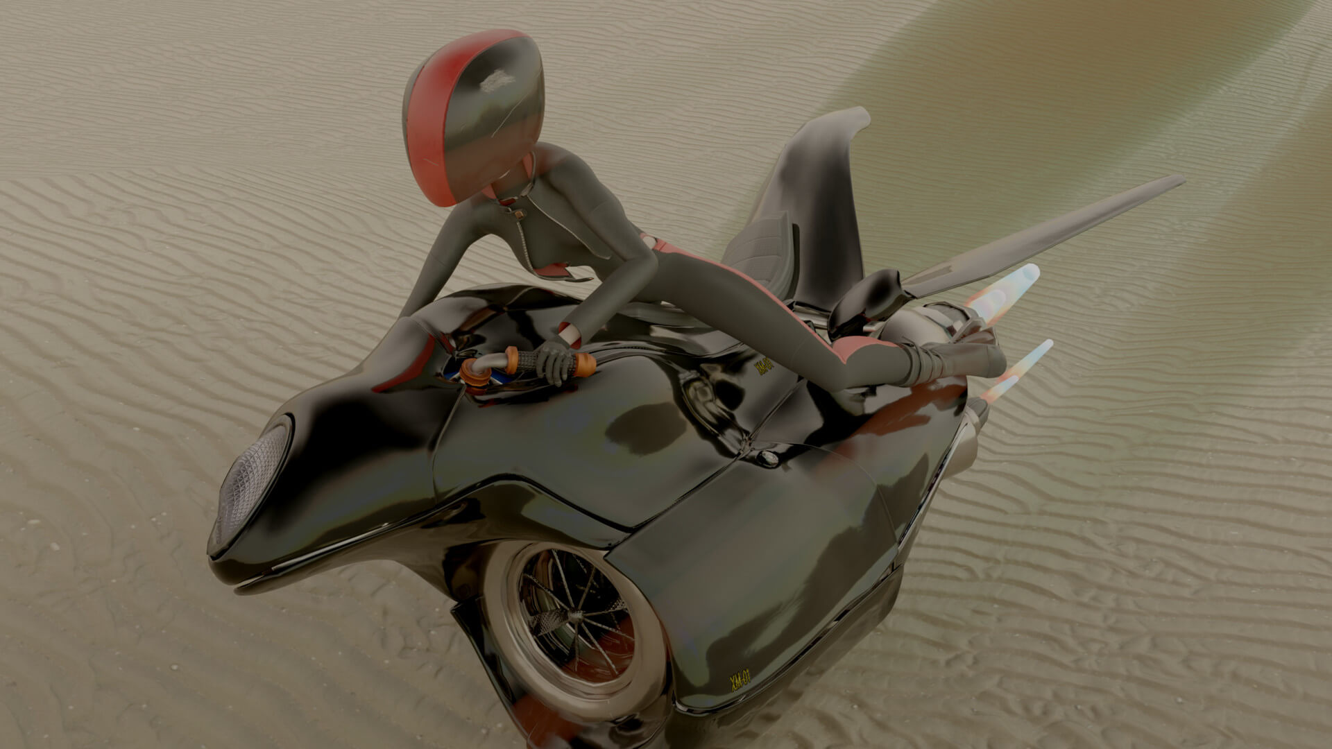 Flying motorbike with its pilot in the desert 3D Render
