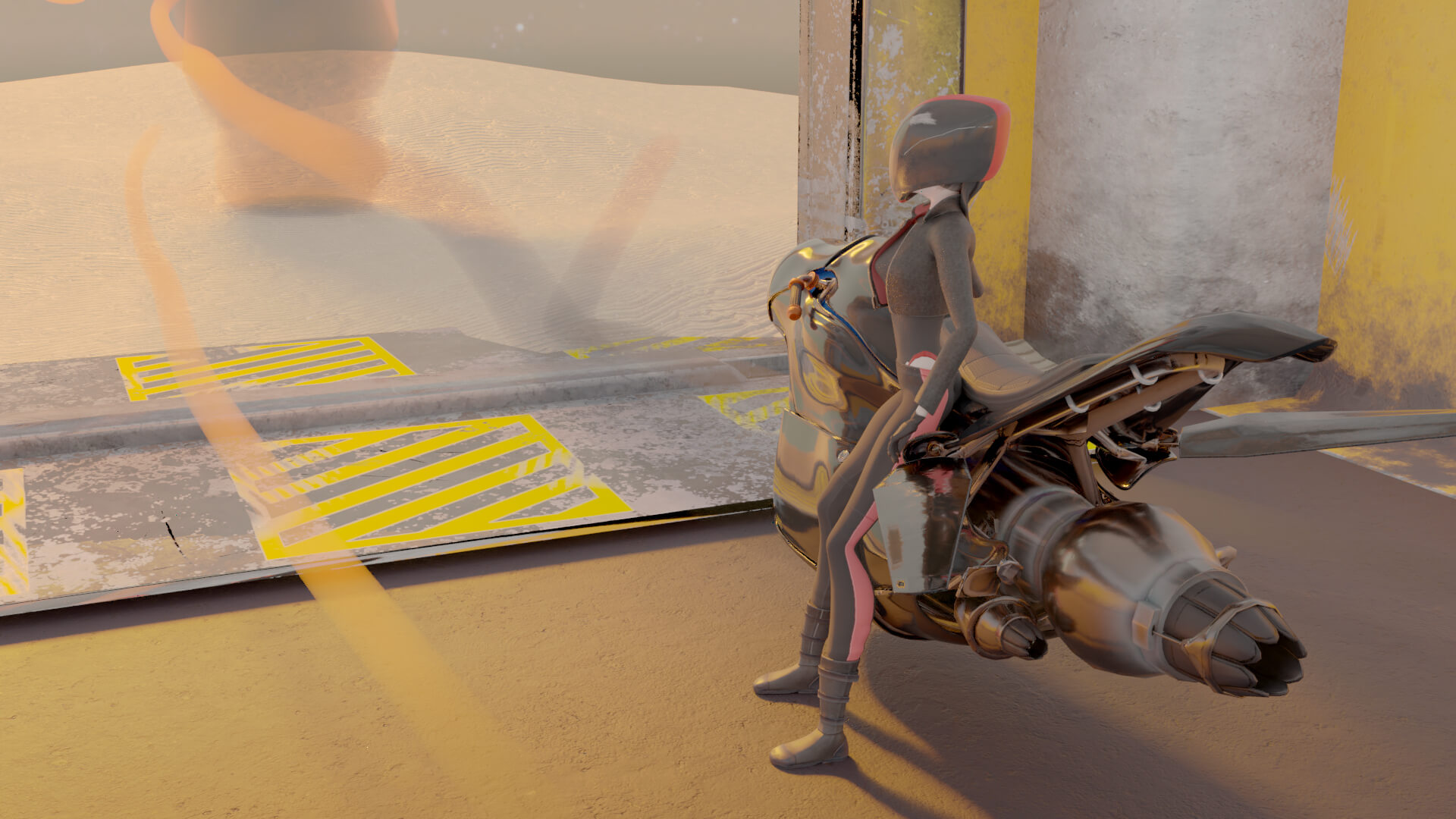 Flying motorbike with its pilot in the desert 3D Render