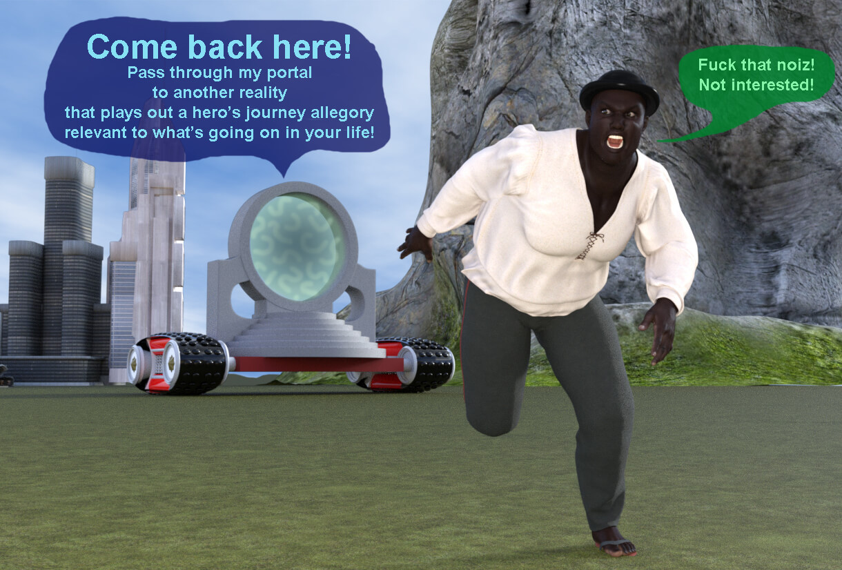 Gus Runs from the Hero's Journey Allegory Portal 3D Render