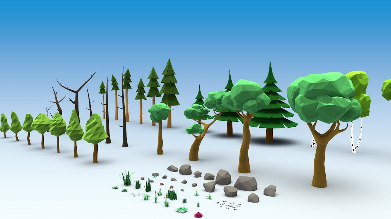 Trees, Stones, Mushrooms, Flowers and Grass - 3D Model by m4rios