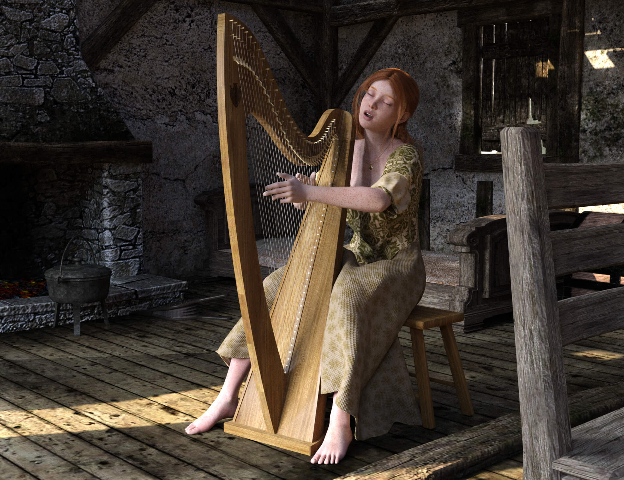 Rowan Playing the Harp 3D Render, Digital Art by MacZyn