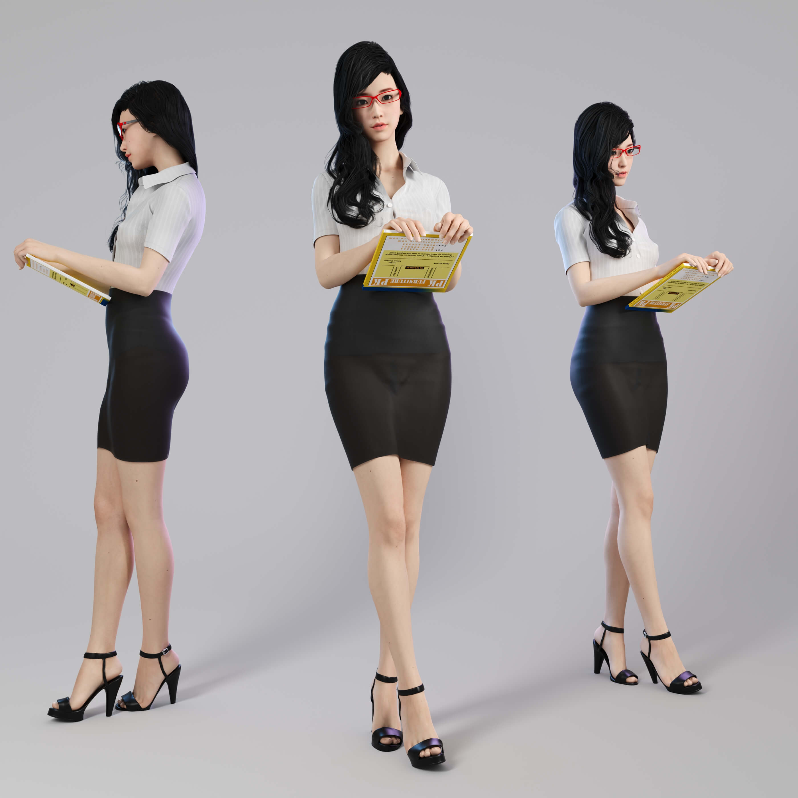 Asian Business Woman Standing Holding a Document - 3D Model by Maker20