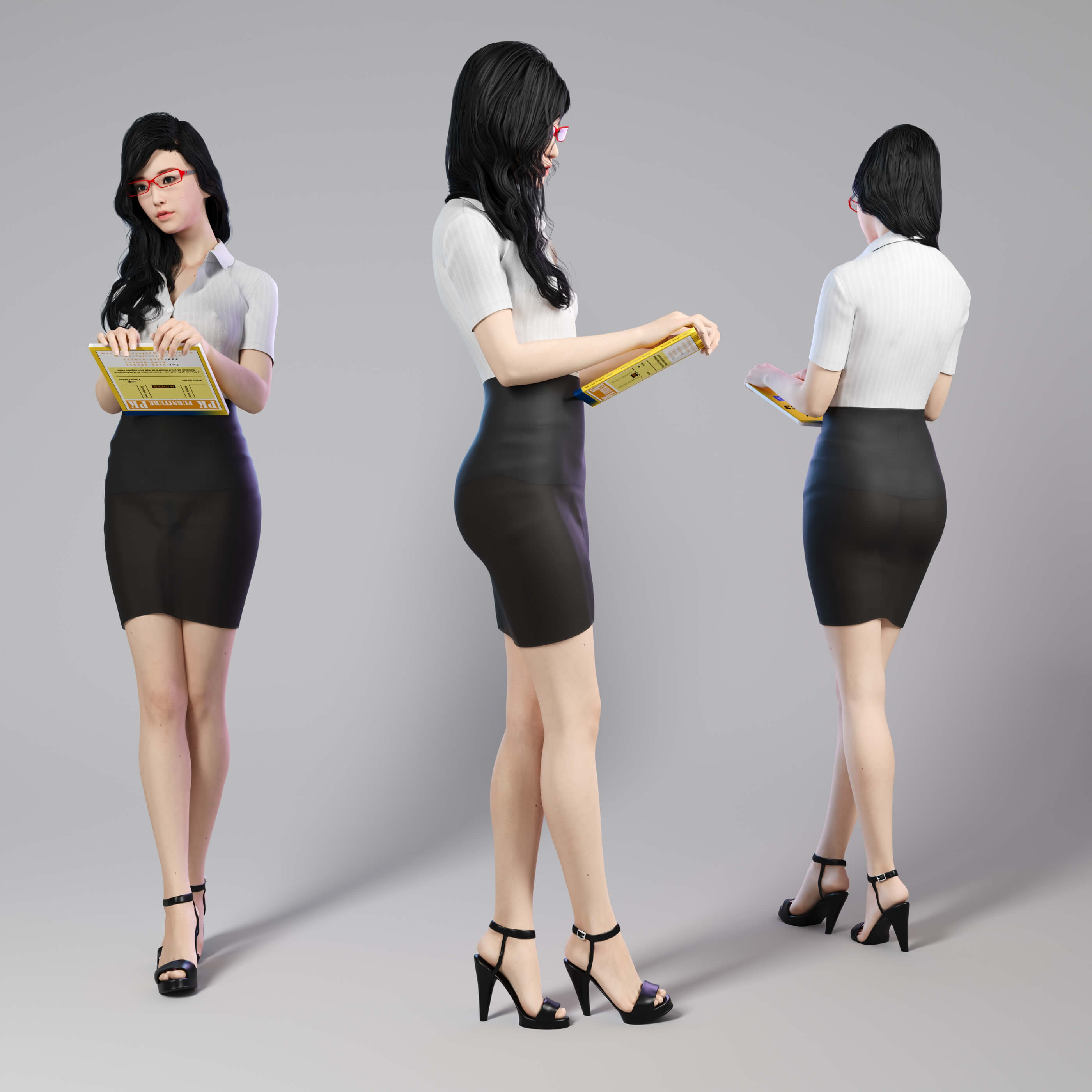 Asian Business Woman Standing Holding a Document - 3D Model by Maker20