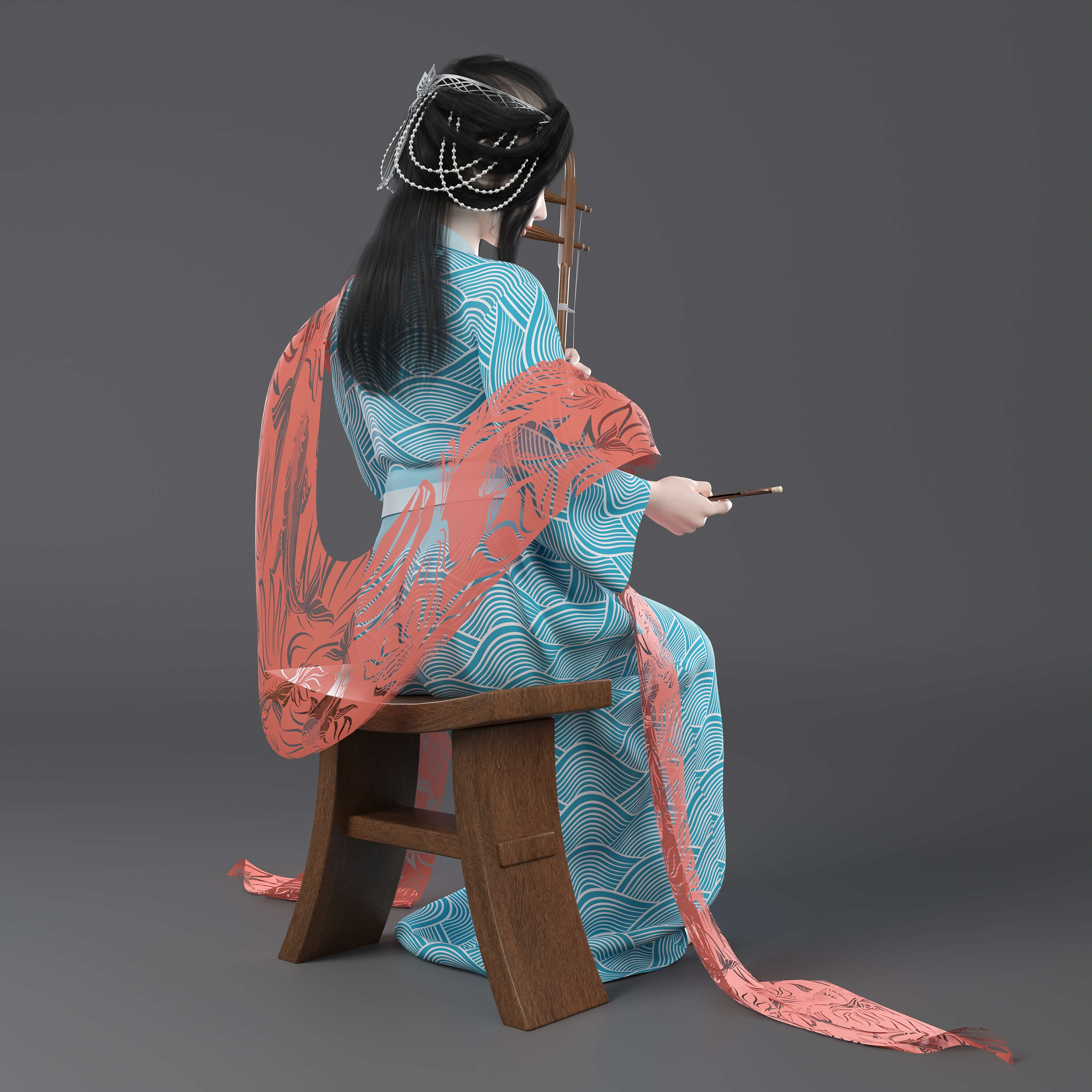 The Beautiful Woman in Hanfu Is Playing The Erhu - 3D Model by Maker20