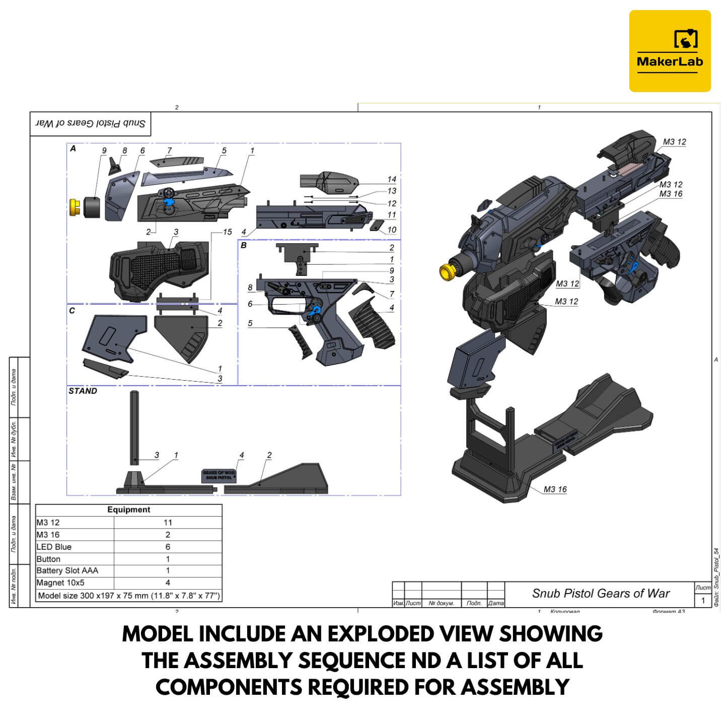 Snub Pistol Gears Of War - STL OBJ CAD - Commercial Use 3D Print Model ...
