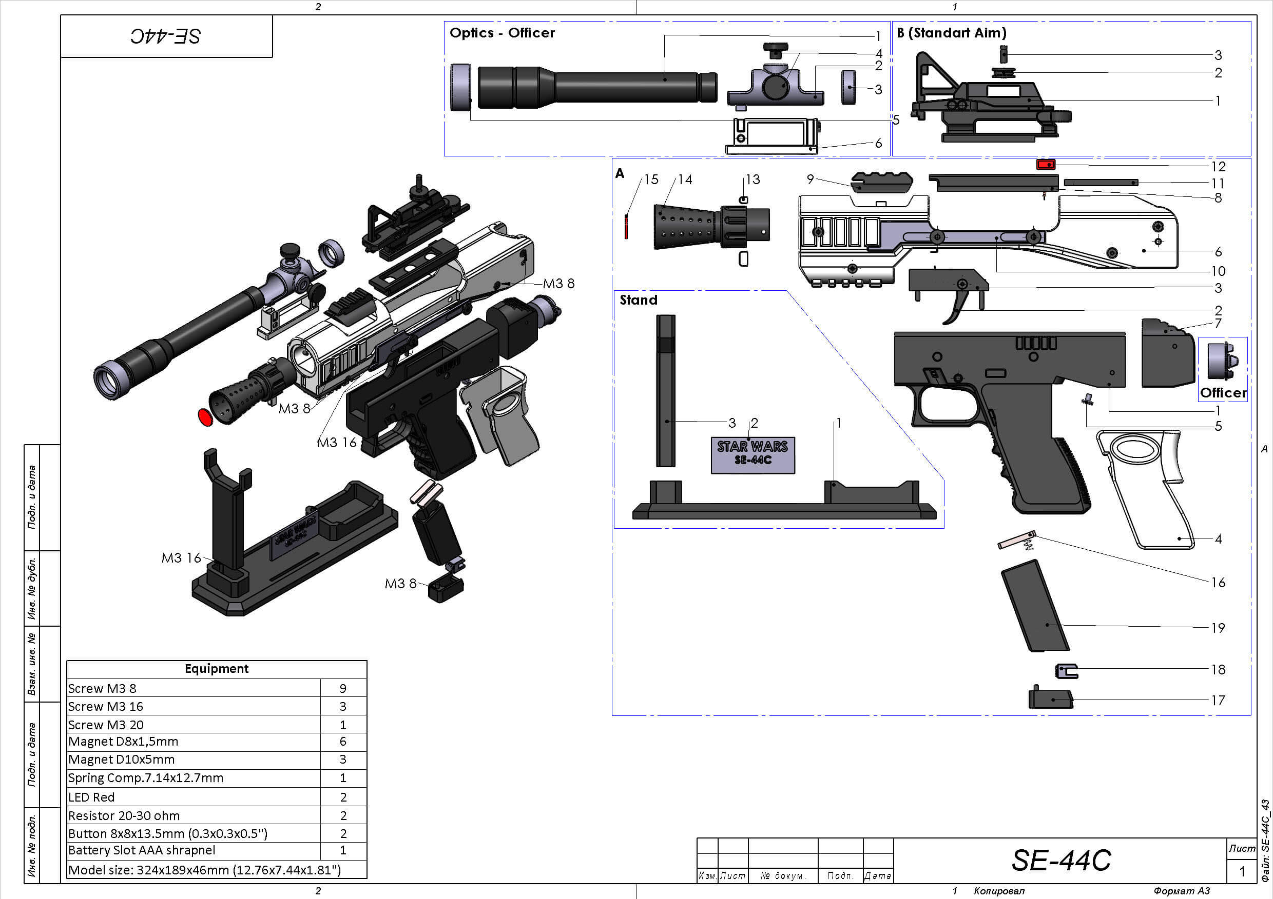 Star Wars SE-44C Blaster 3D Model by MakerLab