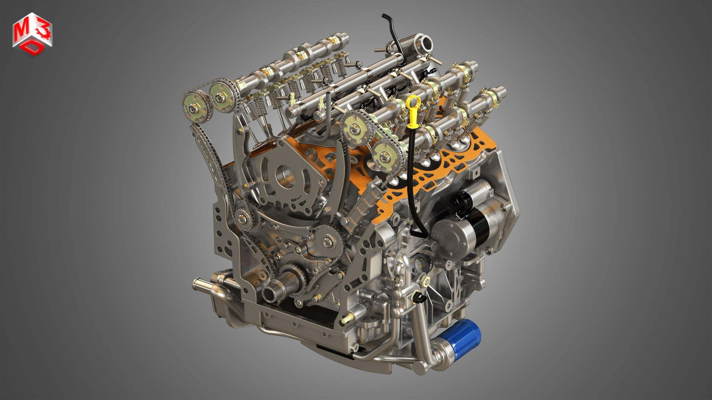 6 Cylinder Engine (Full Parts and Details) - 3D Model by Markos3d