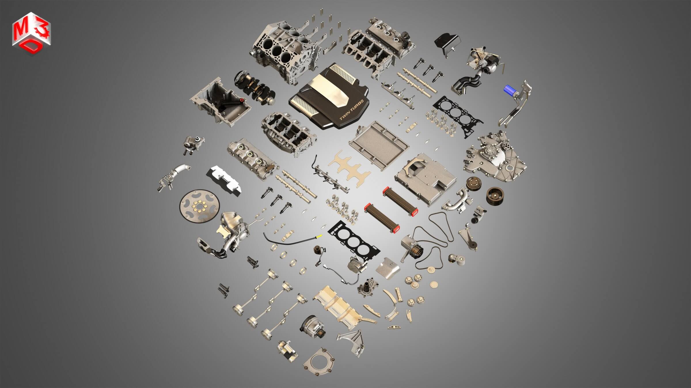 Twin Turbo V6 Engine Parts - 3D Model by Markos3d