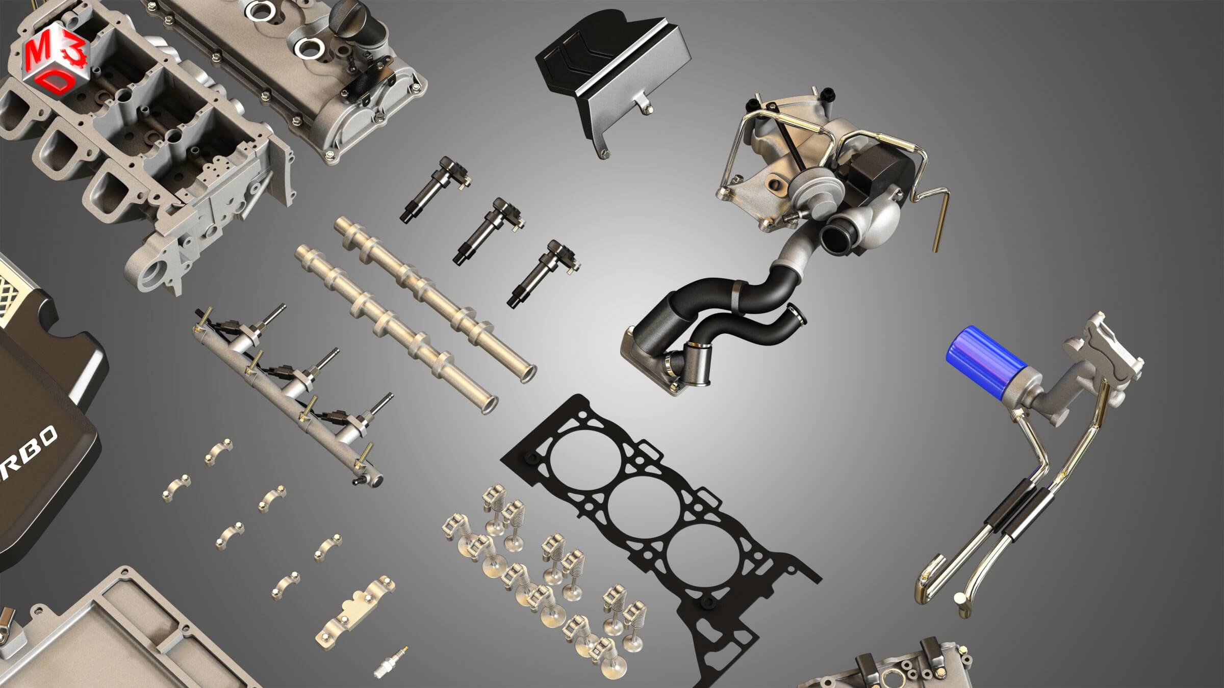 Twin Turbo V6 Engine Parts - 3D Model by Markos3d