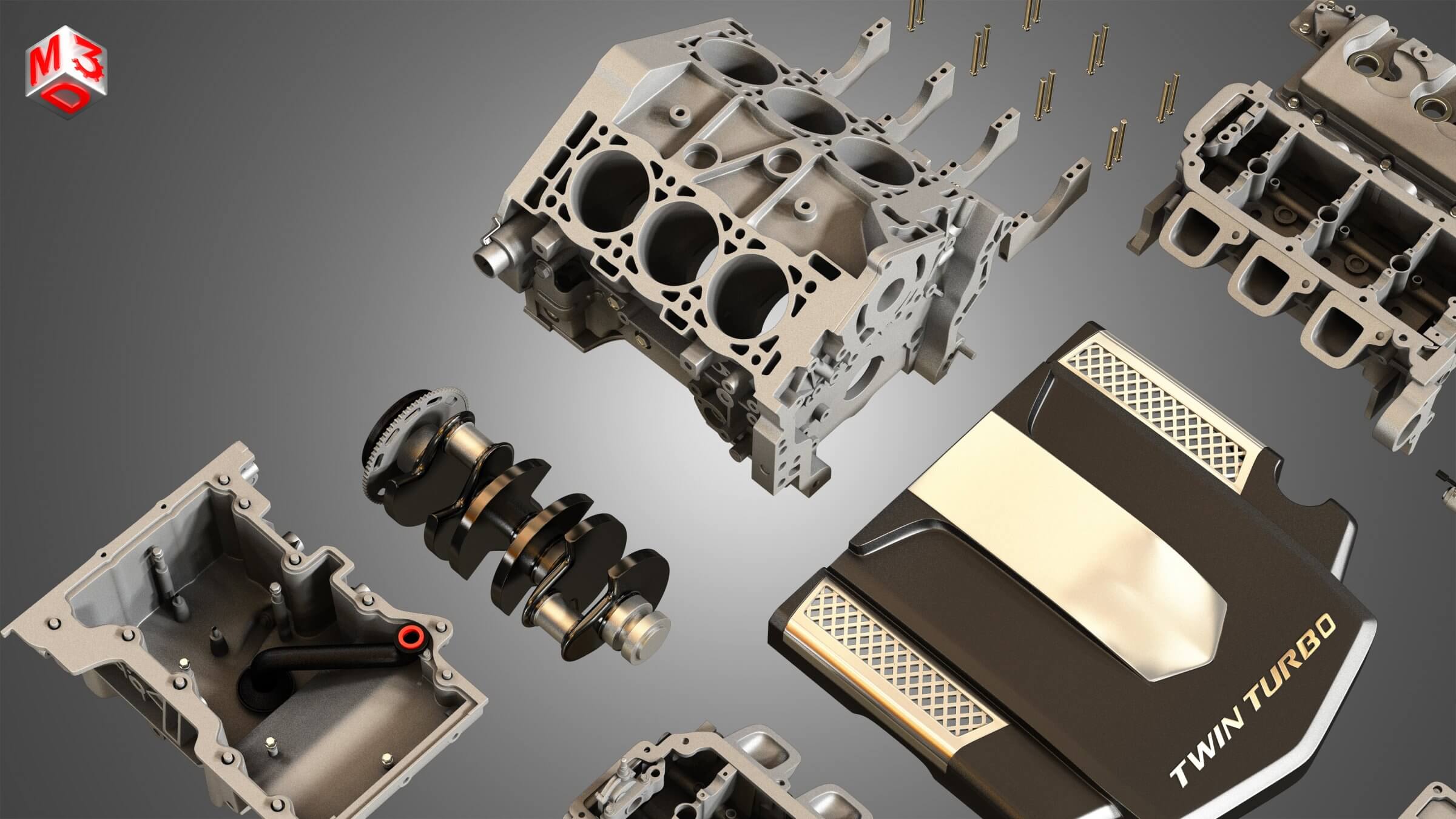 Twin Turbo V6 Engine Parts - 3D Model by Markos3d