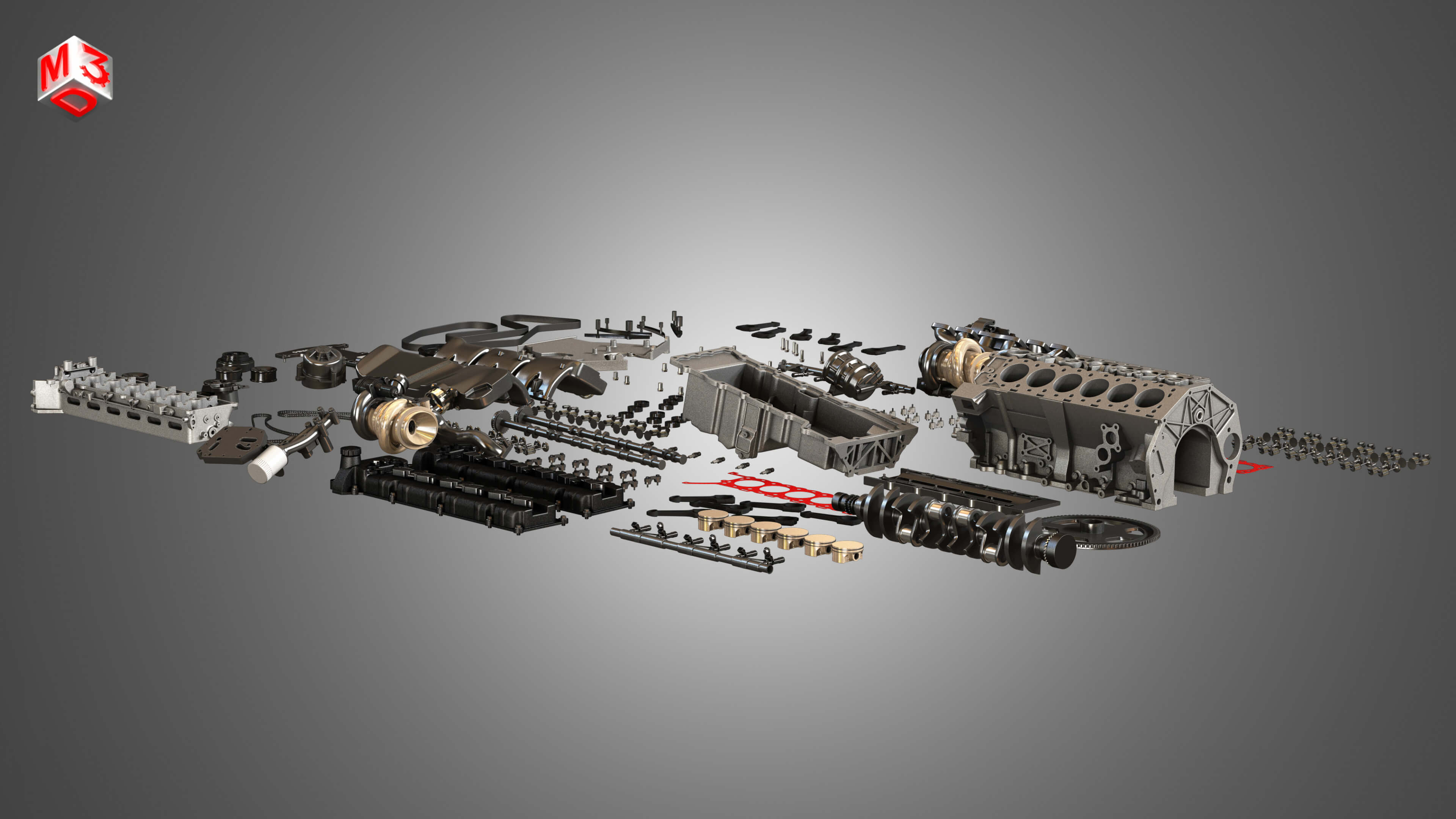 V12 Twin Turbo Disassembled Car Engine - 3D Model by Markos3d