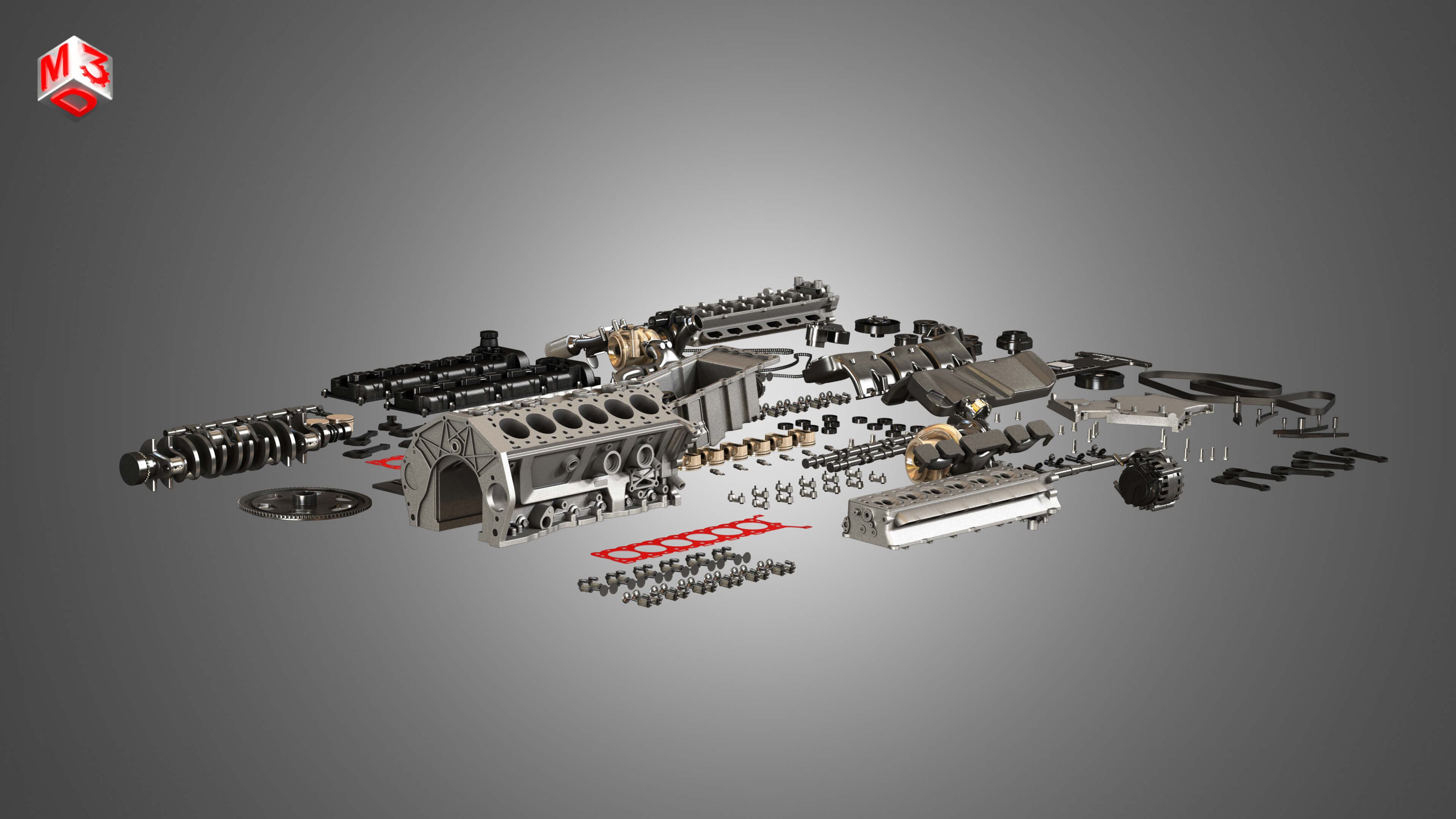 V12 Twin Turbo Disassembled Car Engine - 3D Model by Markos3d
