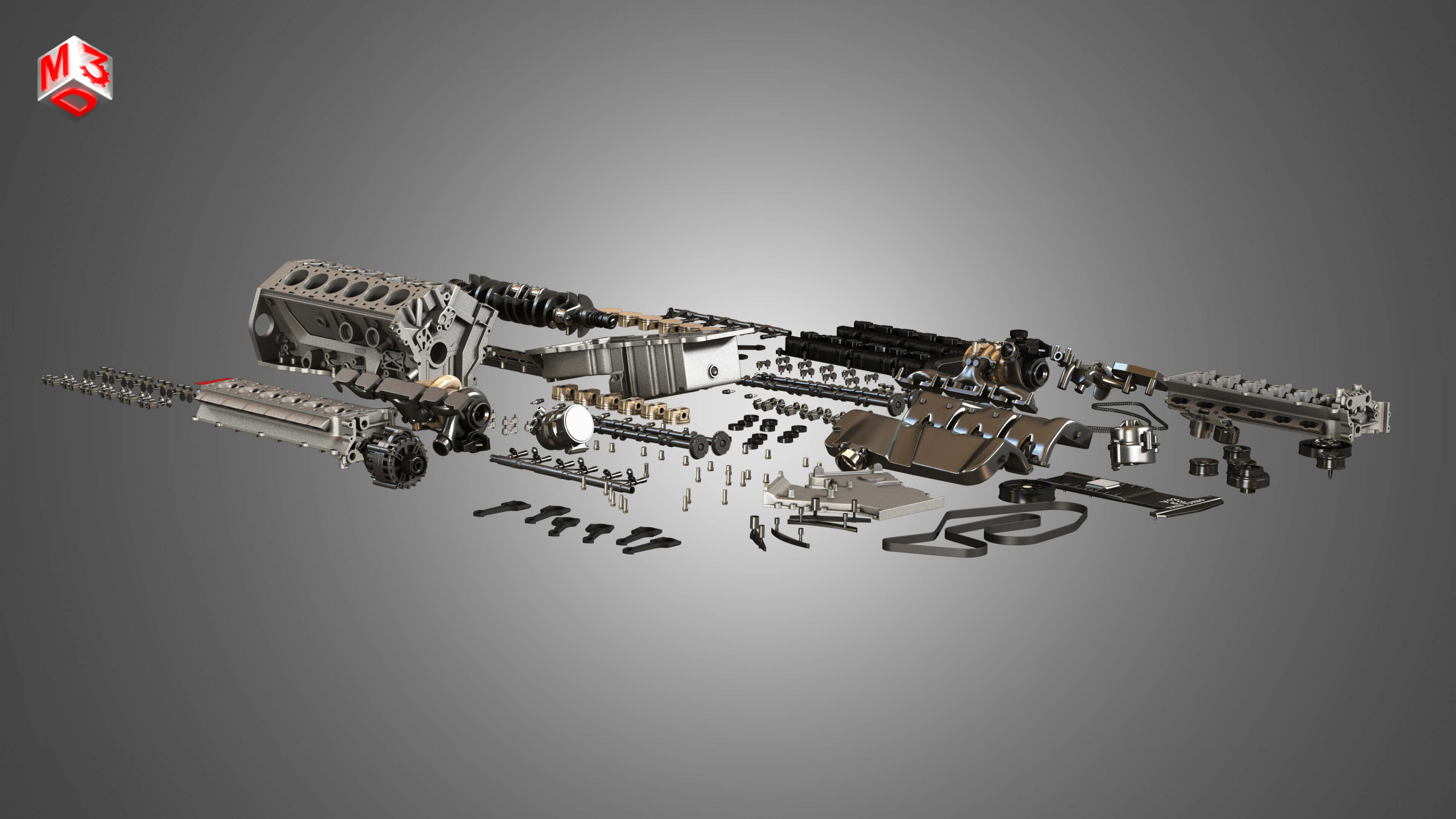 V12 Twin Turbo Disassembled Car Engine - 3D Model by Markos3d