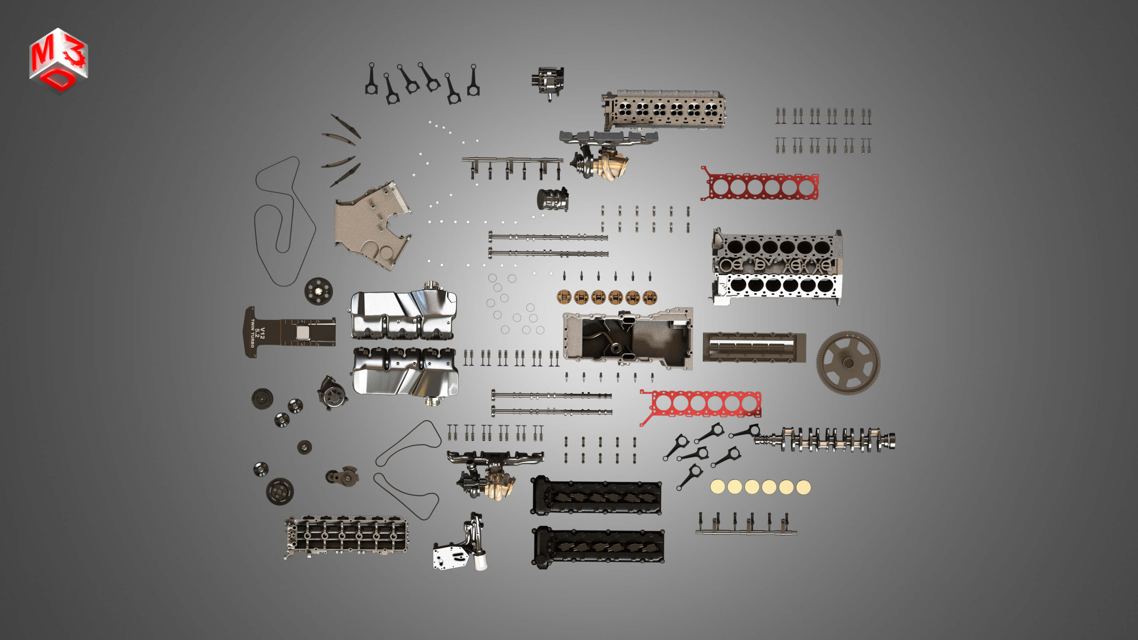 V12 Twin Turbo Disassembled Car Engine - 3D Model by Markos3d