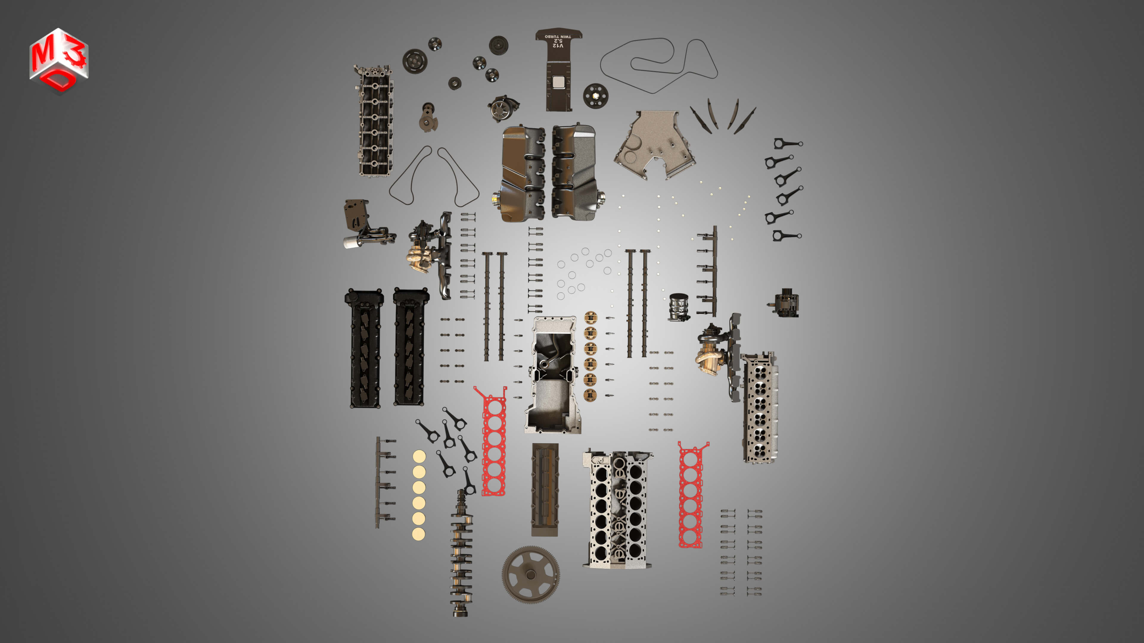 V12 Twin Turbo Disassembled Car Engine - 3D Model by Markos3d